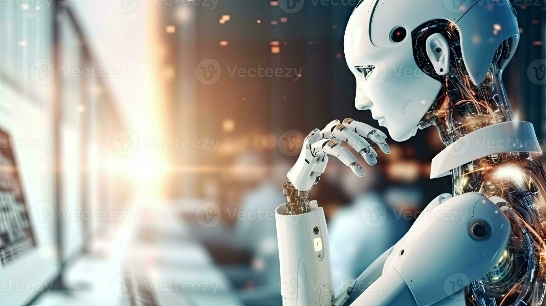 artificial inteligencia, o ai robot trabajando a oficina por utilizando computadora ordenador ...