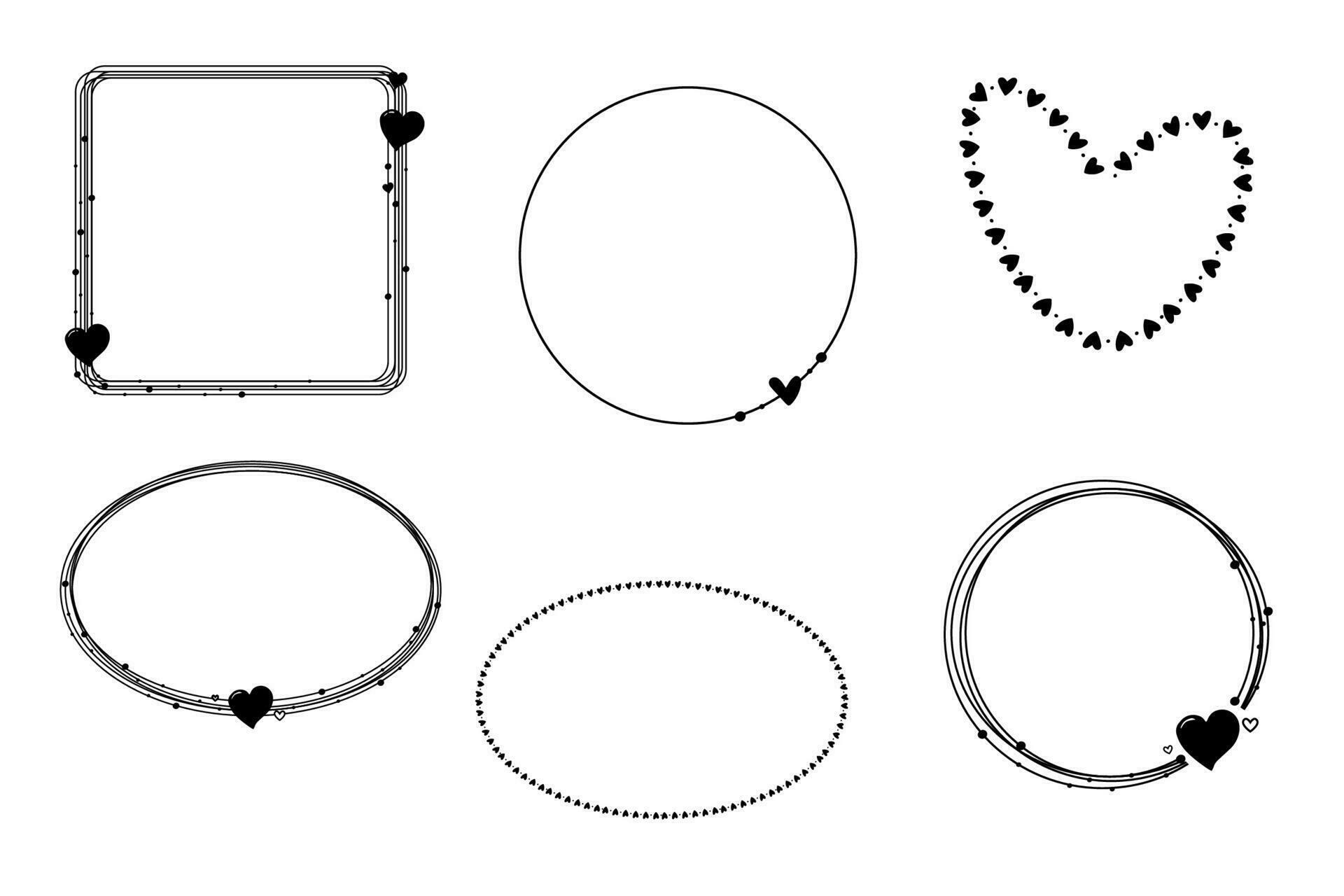 Set doodle frames with dots and hearts different shapes line simple in ...