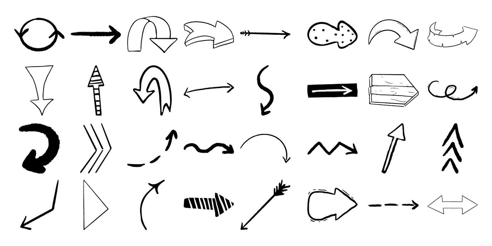 Set arrow pointer ink lines, textured shapes hand drawn decorative elements in doodle style ...