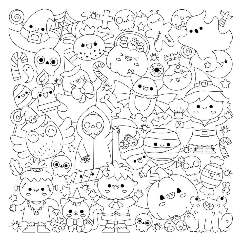 Vector Halloween square line coloring page for kids with cute kawaii ... Vector Halloween square line coloring page for kids with cute kawaii ...