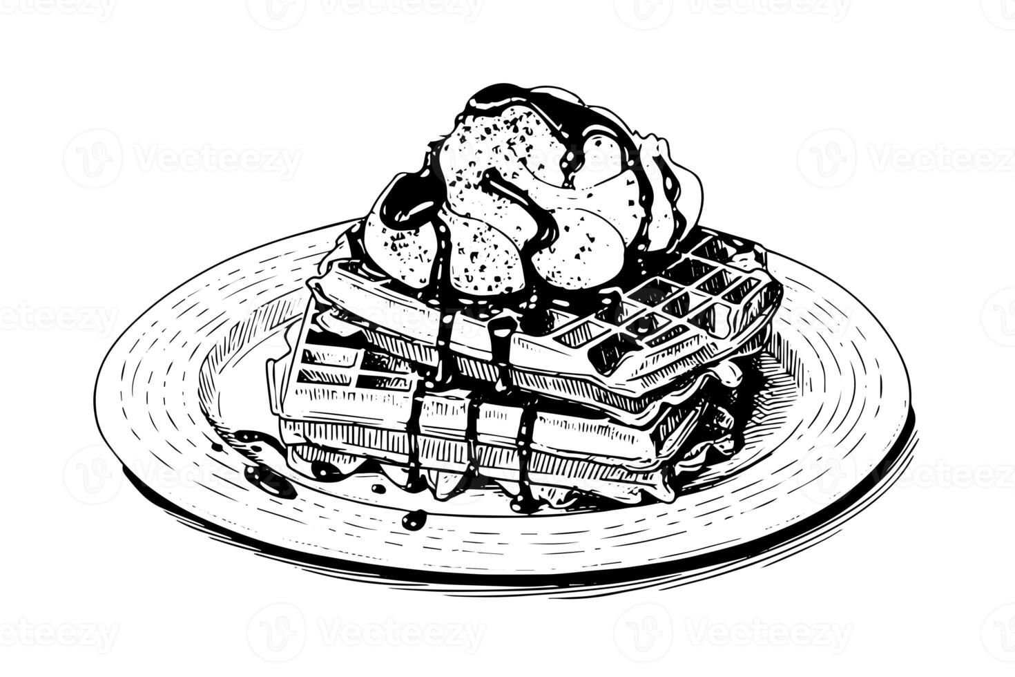 Waffles With Ice Cream Hand Drawn Ink Sketch Engraving Style Vector