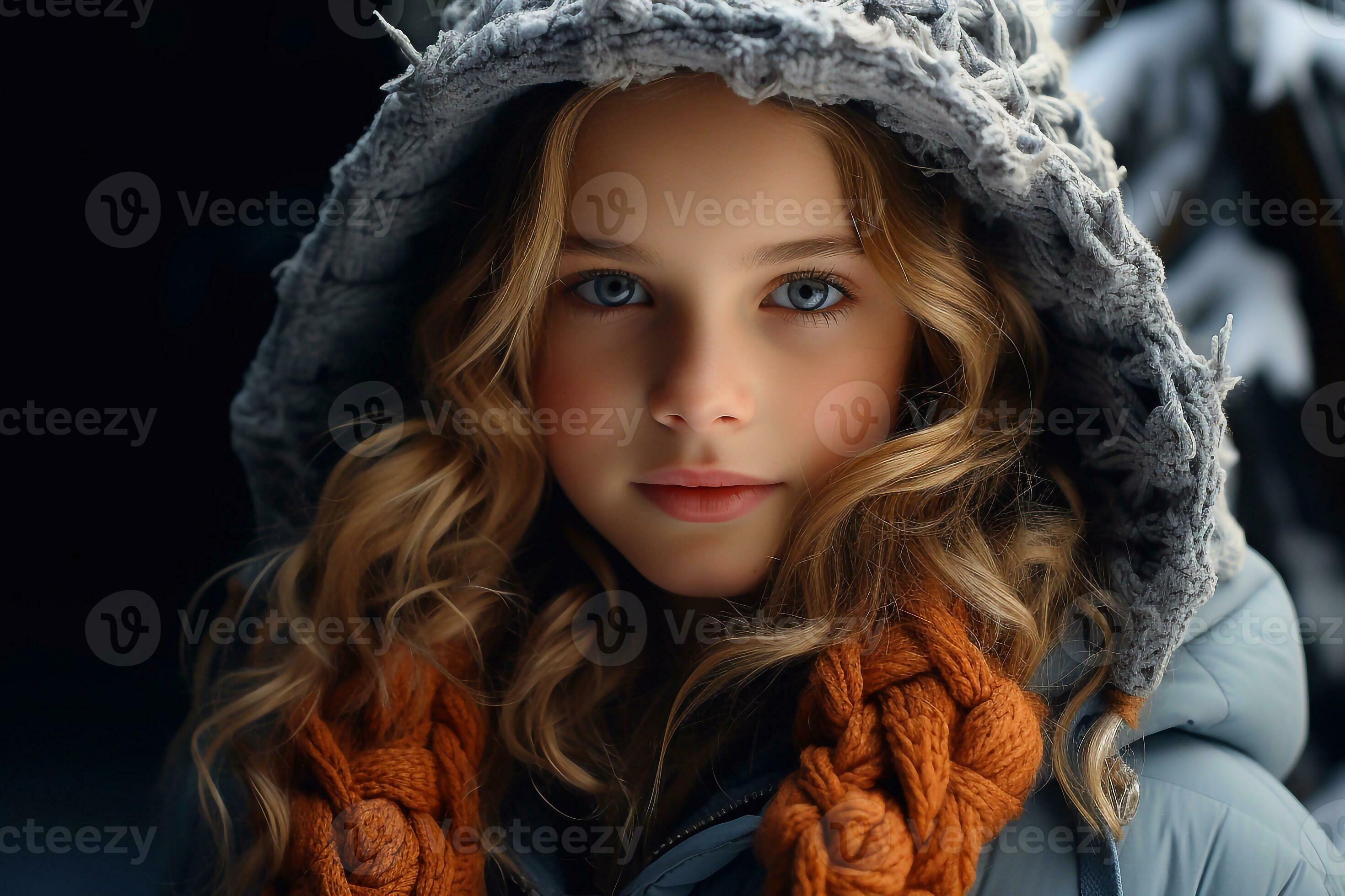 Seasonal Beauty Image of a Girl with White Golden Hair Blue Eye in Winter Clothes and Cap ...