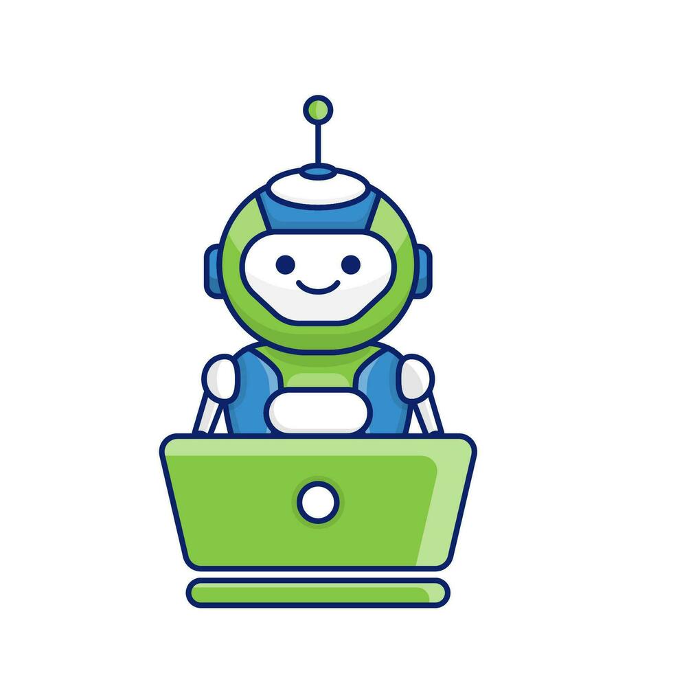 Robot character work with laptop vector illustration. Cute Cartoon ...