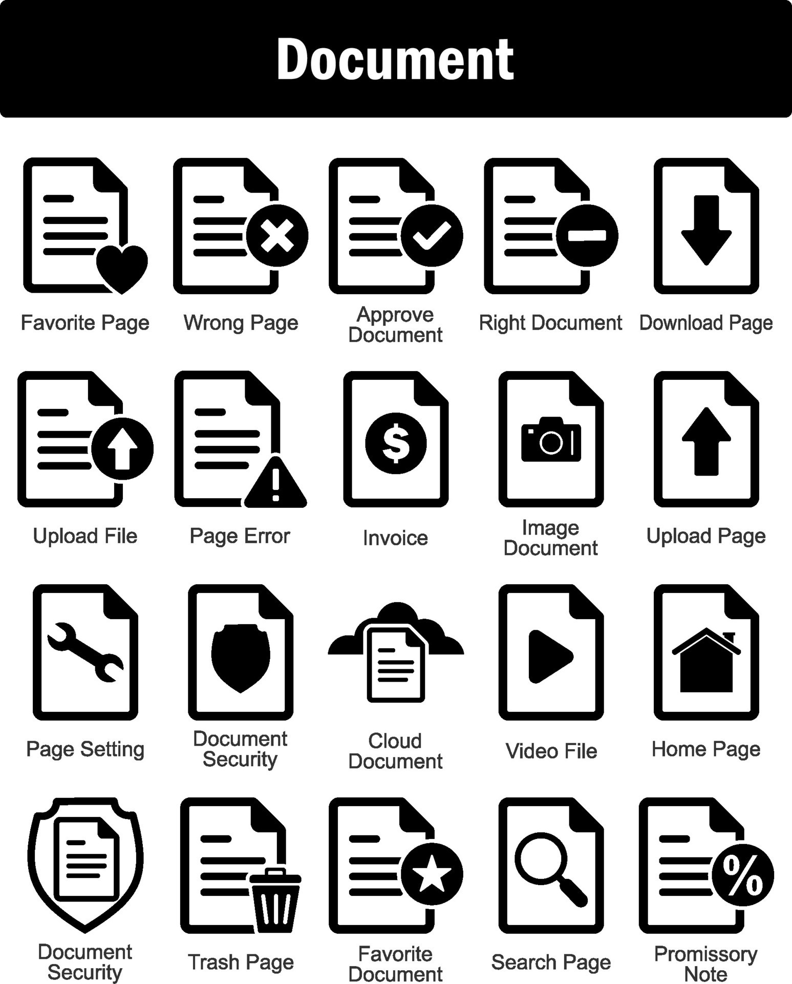 A set of 20 Document icons as favorite page, wrong page, approve ...