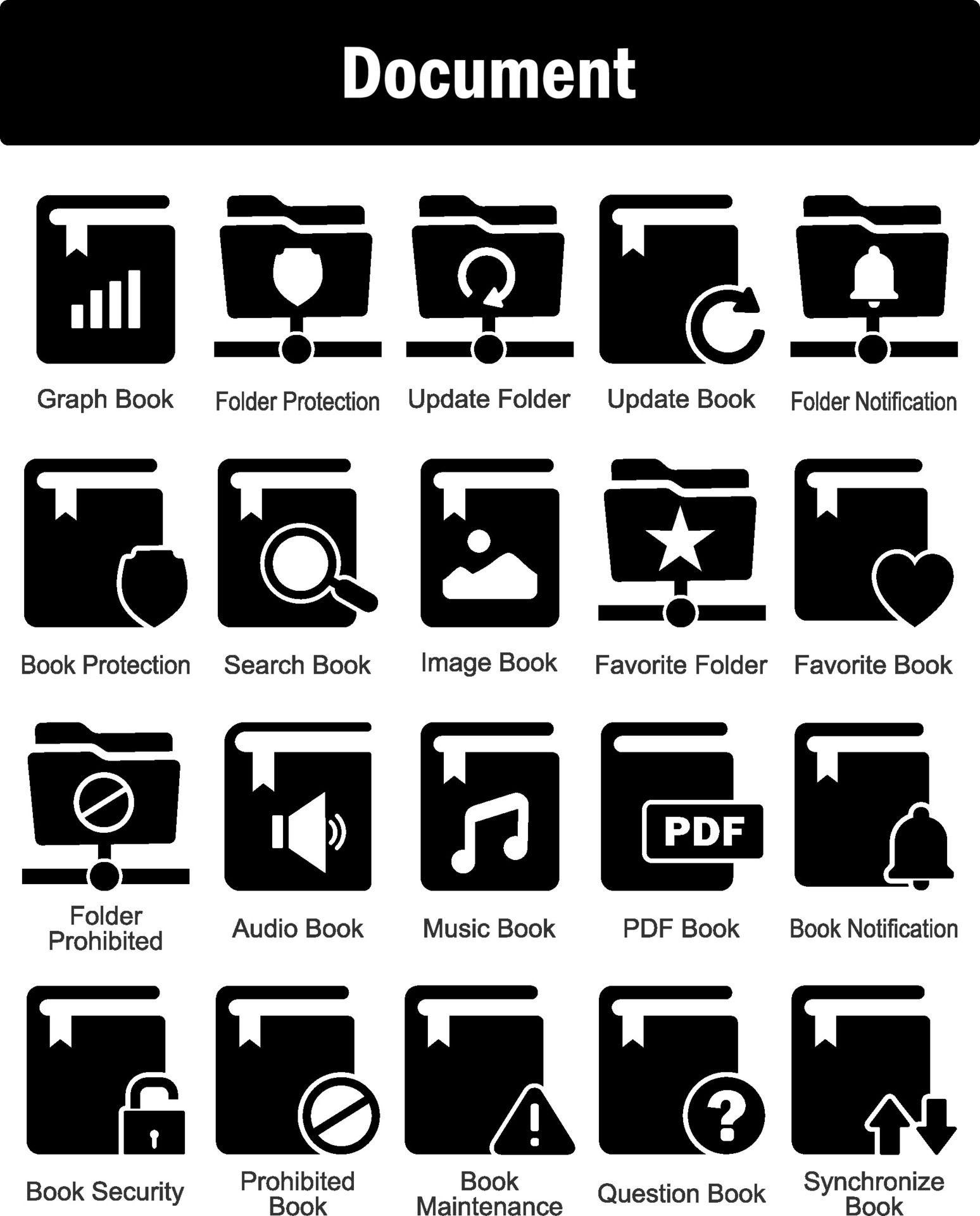 A set of 20 Document icons as graph book, folder protection, update ...