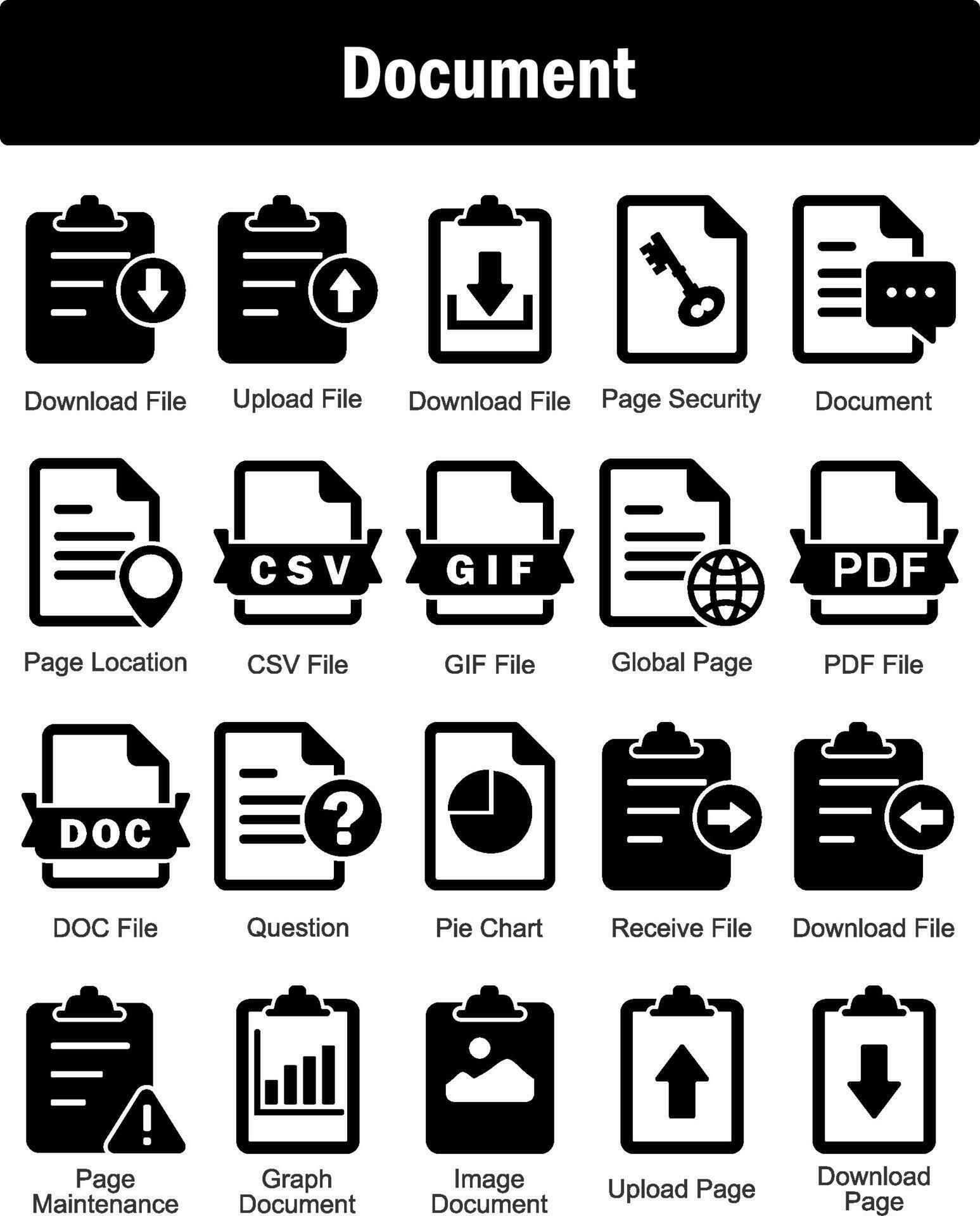 A set of 20 Document icons as download file, upload file, page security ...