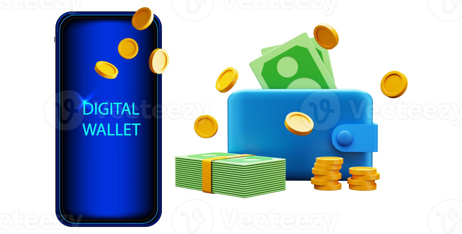 3D rendering illustration of a digital wallet with money and coins on blue background, concept ...