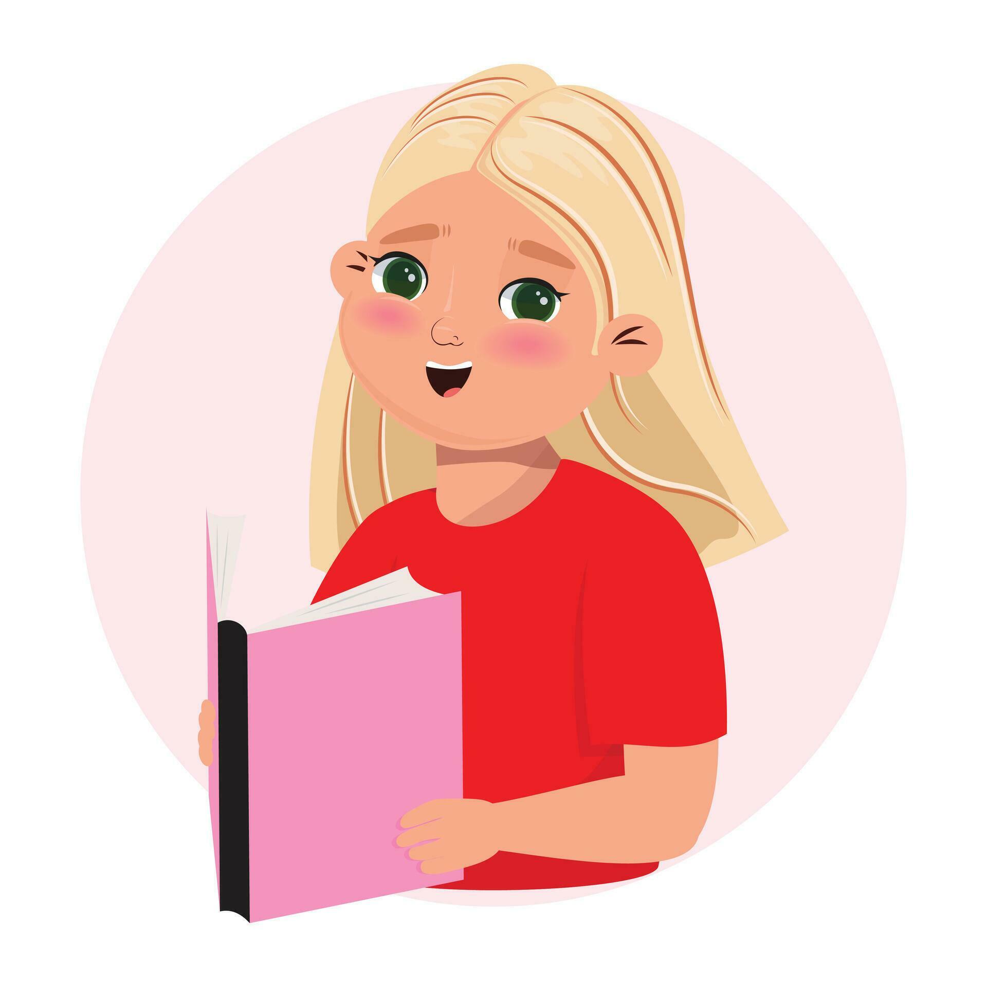 Beautiful Cartoon Illustration Of A Cute Blond Girl Holding A Pink Book