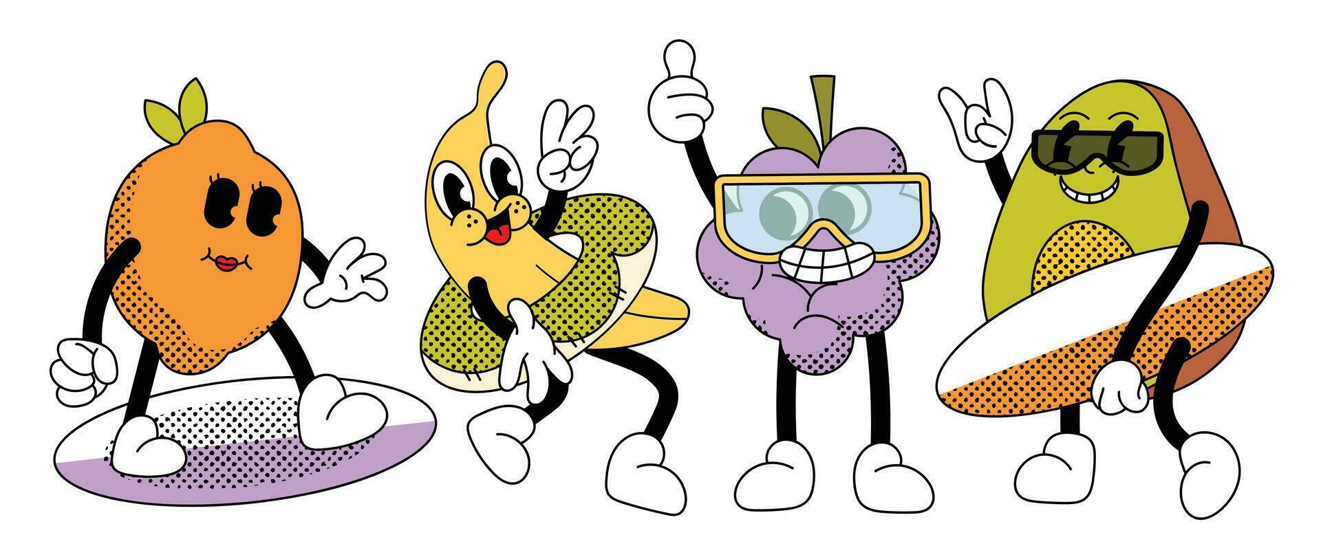 Set of 70s groovy element fruit concept vector. Collection of cartoon character, doodle smile ...