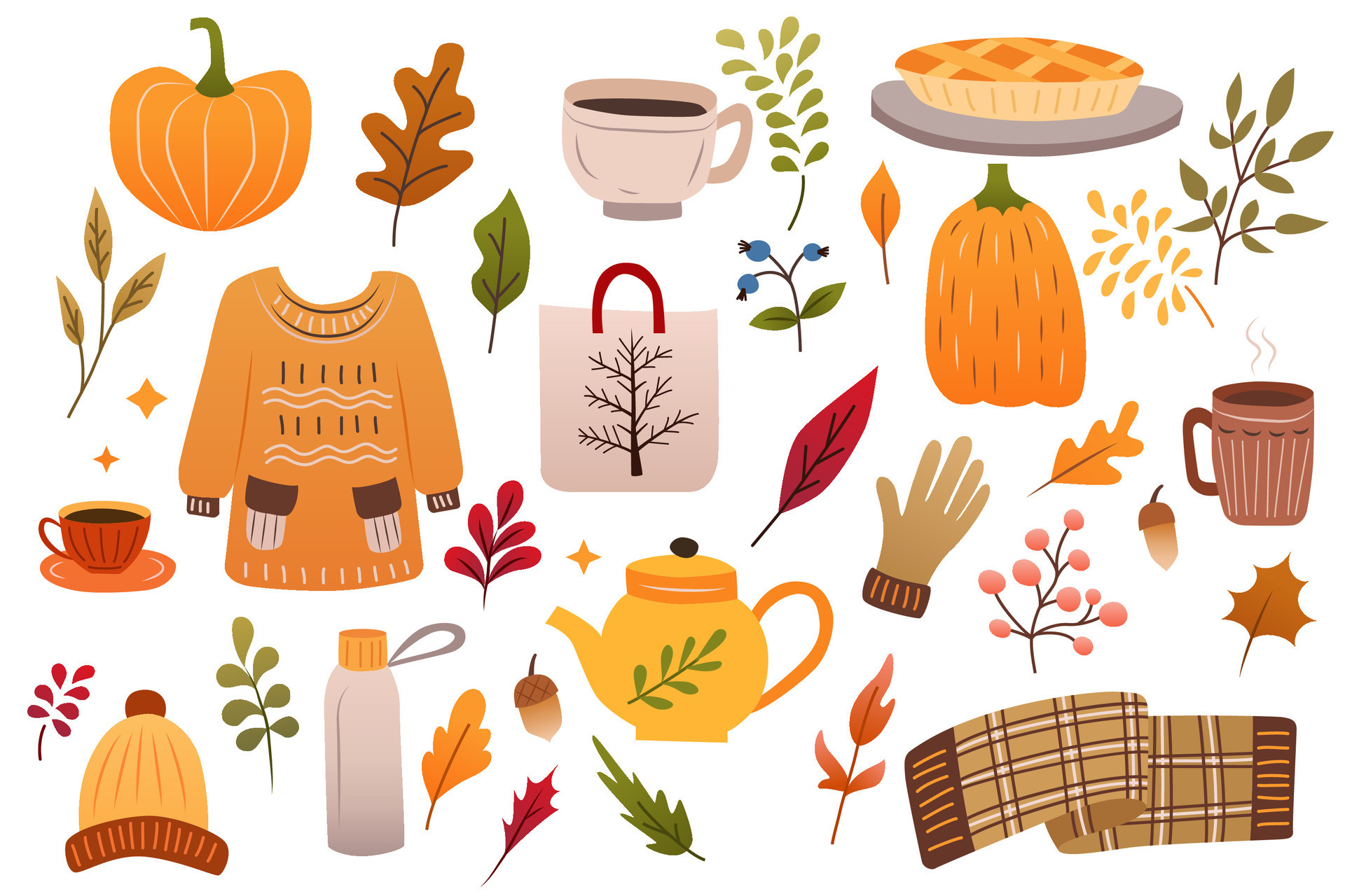 Autumn icons set. Fall season autumn doodle elements. Hand drawn ...