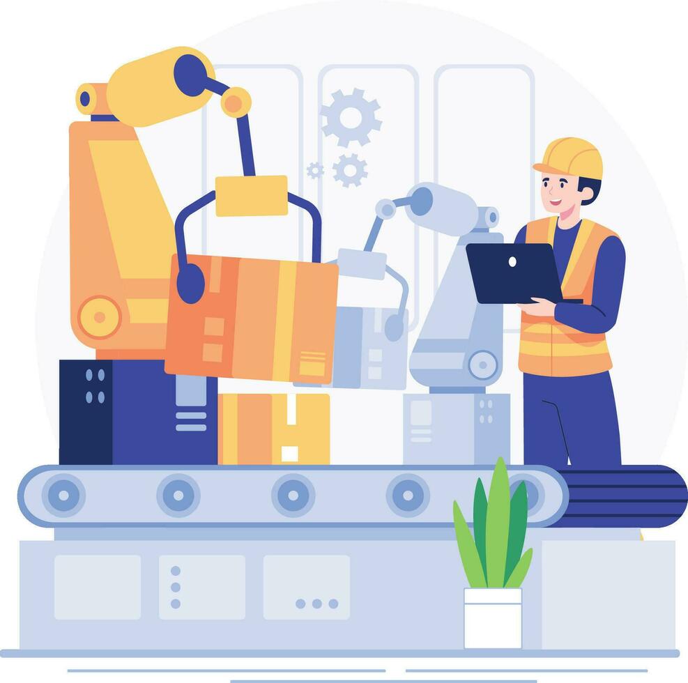 Robotic Arm Production Line Robotic Industry Vector Illustration In Flat Style Manufacturing