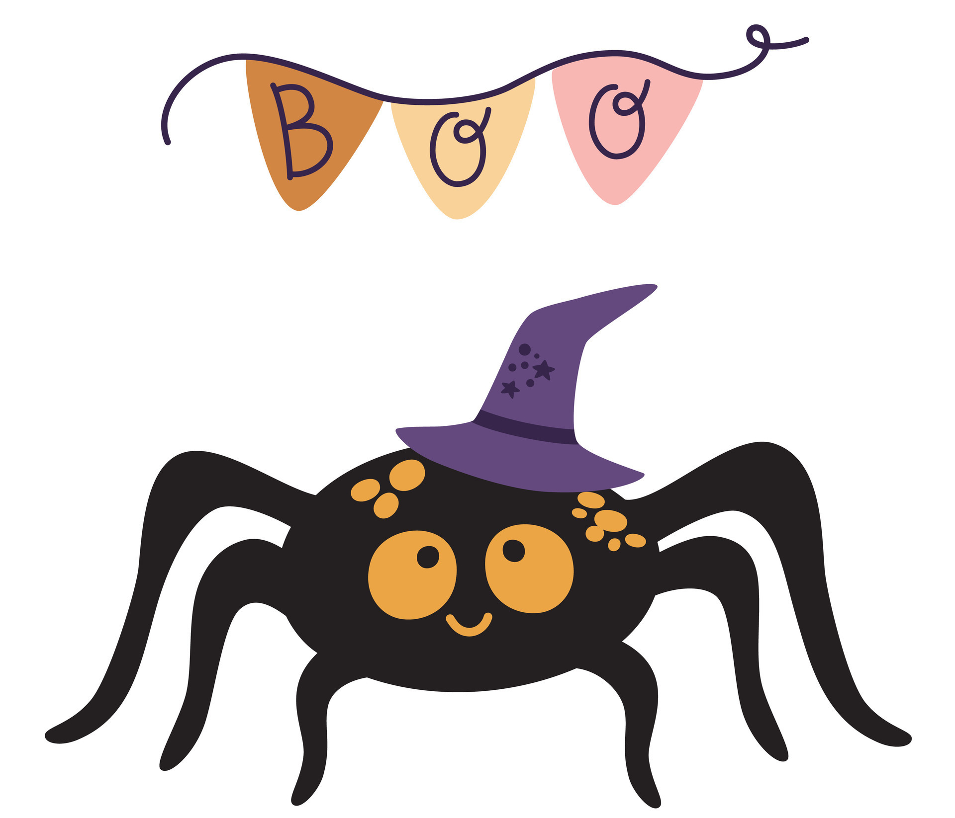 Spider in party witch hat. Flags with the inscription boo. Happy ...