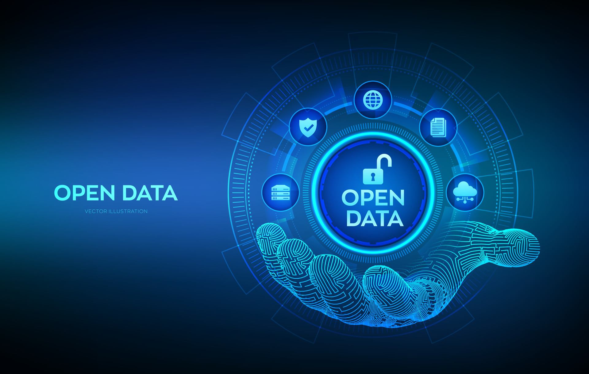 Open data database icon in robotic hand. Digital file storage system ... Open data database icon in robotic hand. Digital file storage system ...