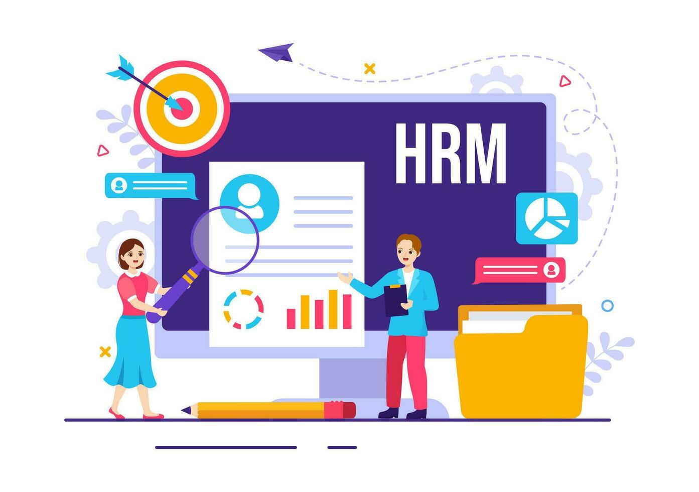 HRM Human Resource Management Vector Illustration with System Managing Company Employee for ...