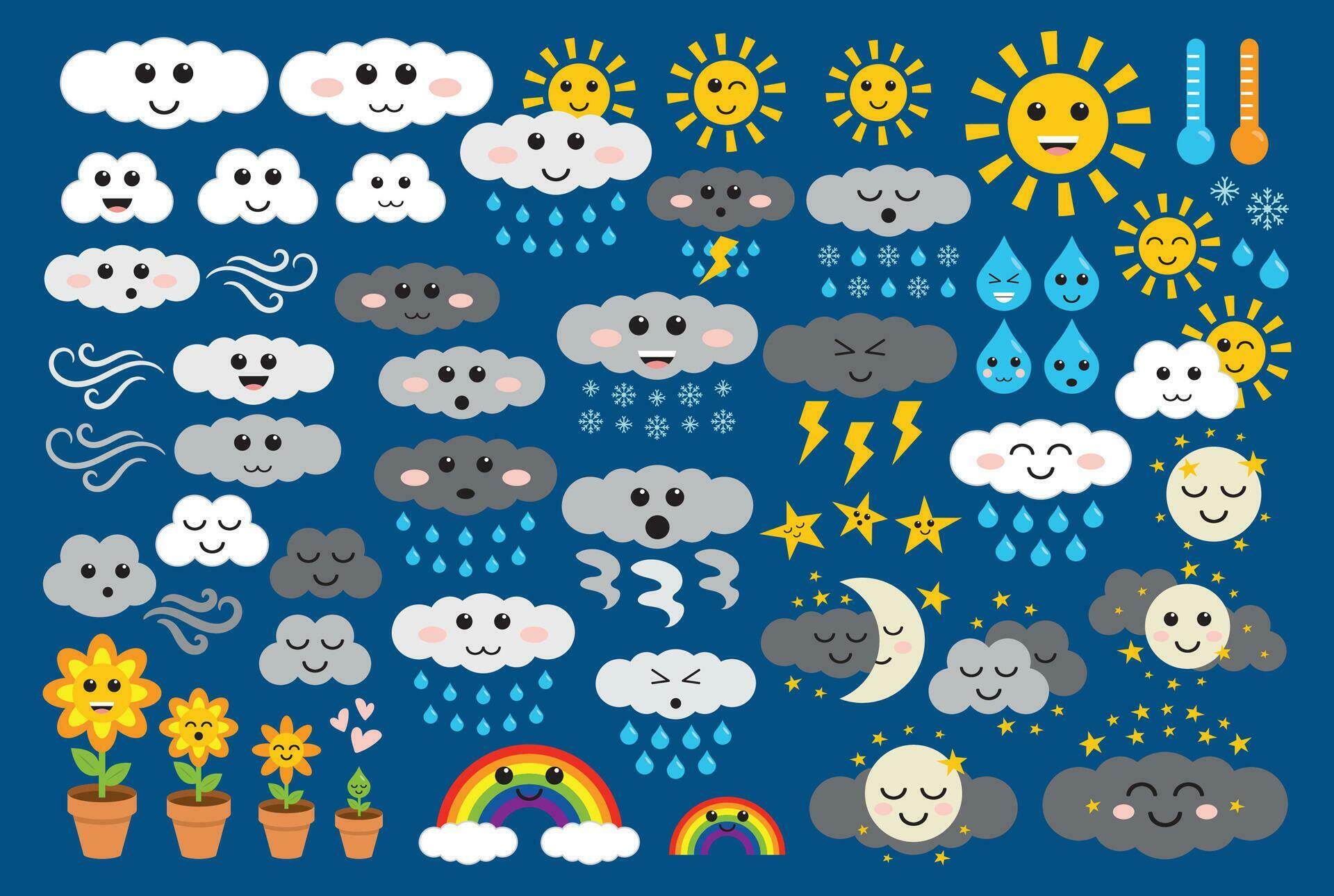 Set of cute cartoon clouds, sun, rain, moon, rainbow and other elements ...