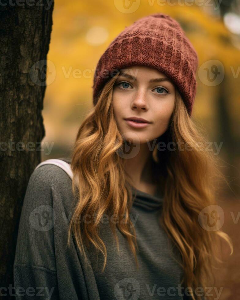 A Beautiful Young Woman With Long Red Hair Wearing A Beanie Generative