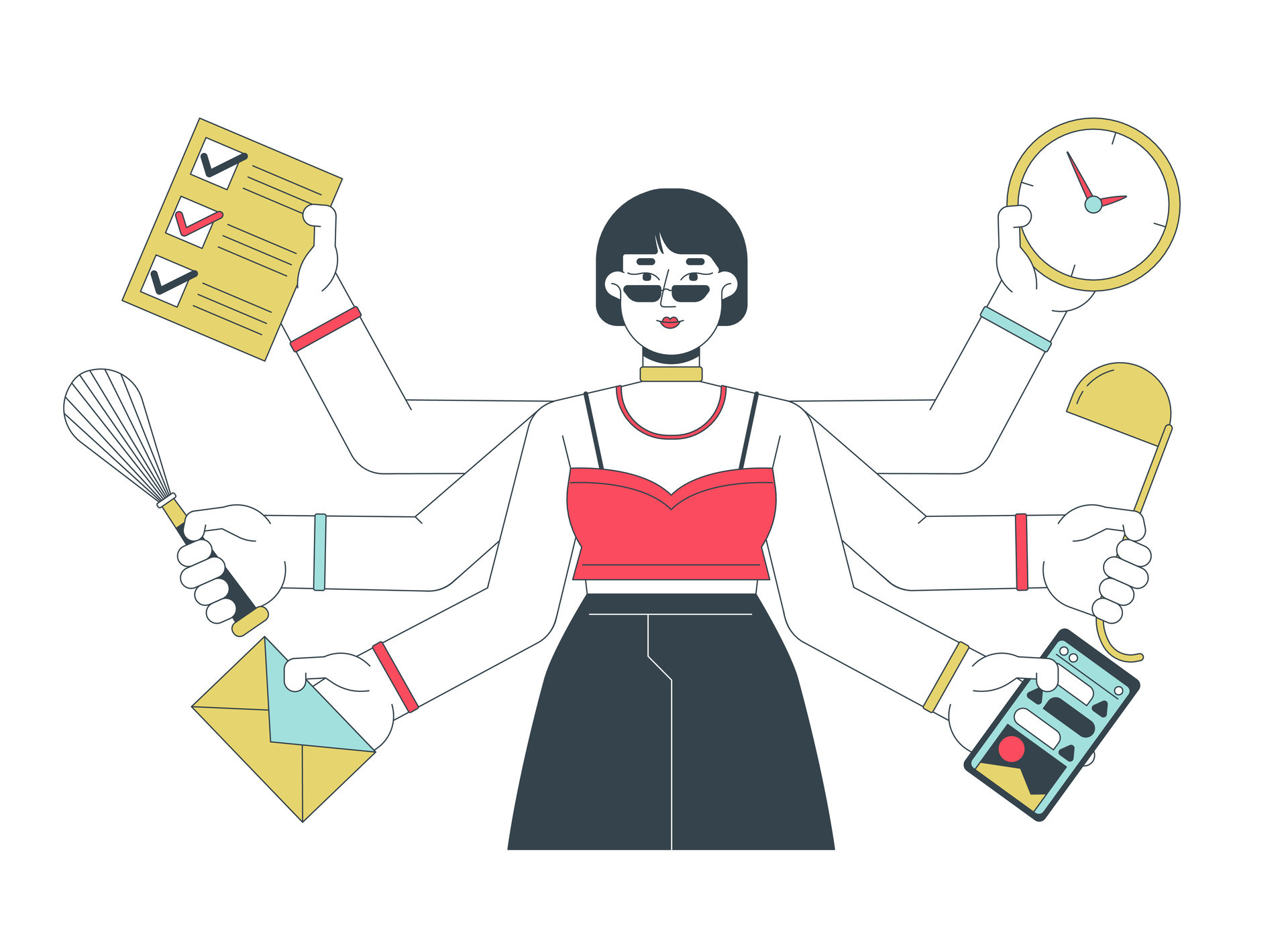 Multitasking Business Woman Flat Line Concept Vector Spot Illustration