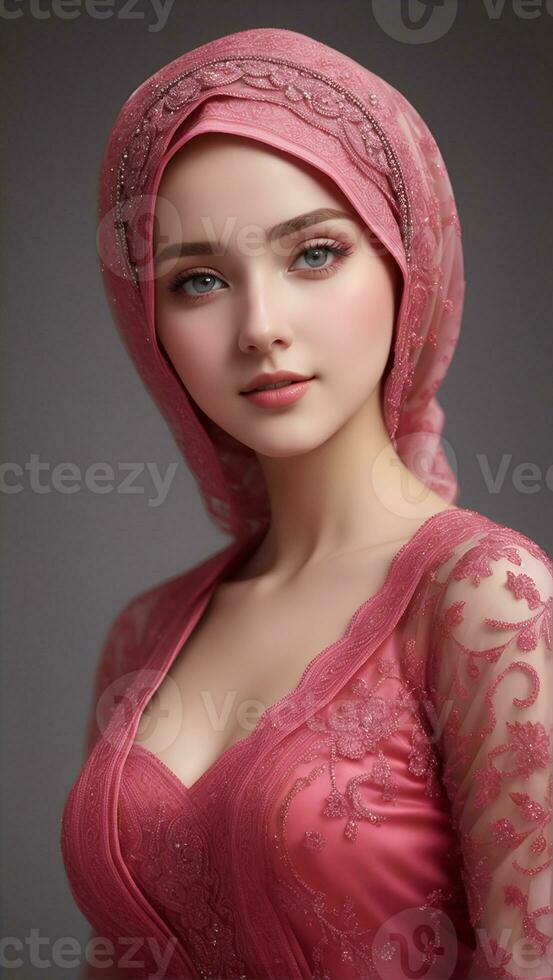 Asian Attractive Young Girl Smiley Face With Red Hijab Headscarf, AI Generative Illustration ...