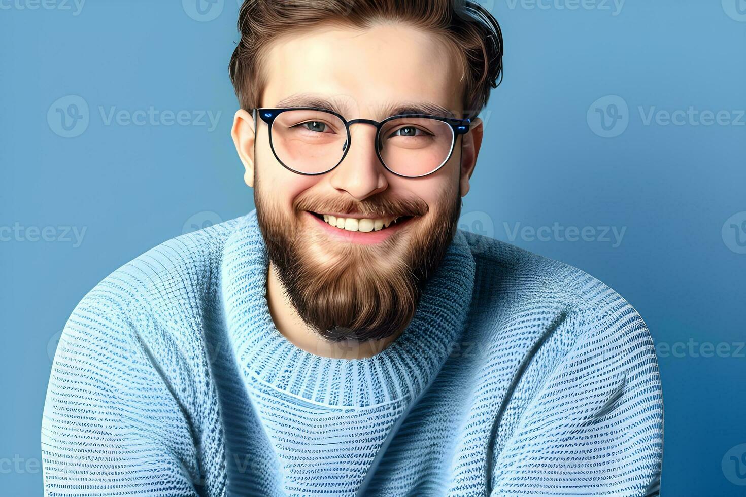 Young handsome man with beard wearing casual sweater and glasses over ...