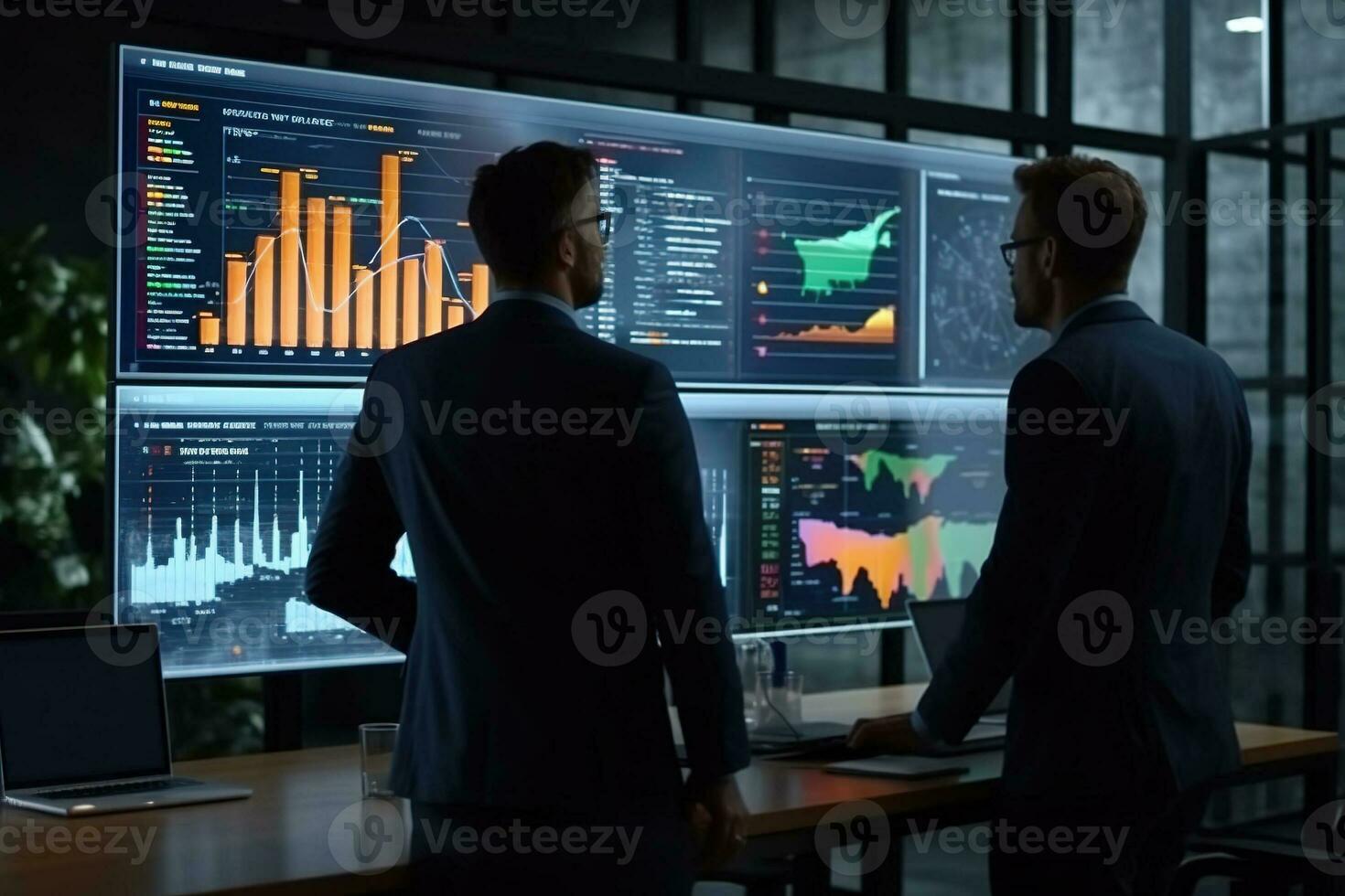 Project Manager and Computer Science Engineer Talk while Using Big Screen Display and a Laptop ...