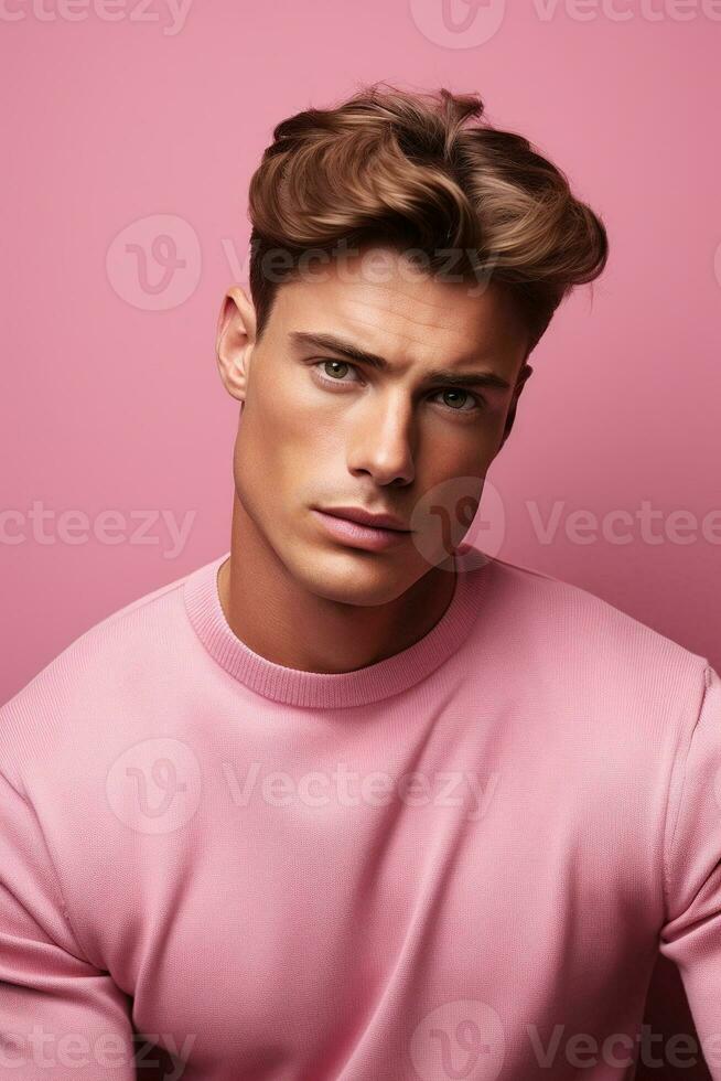 Portrait of fashion caucasian male model on pink background. AI ...