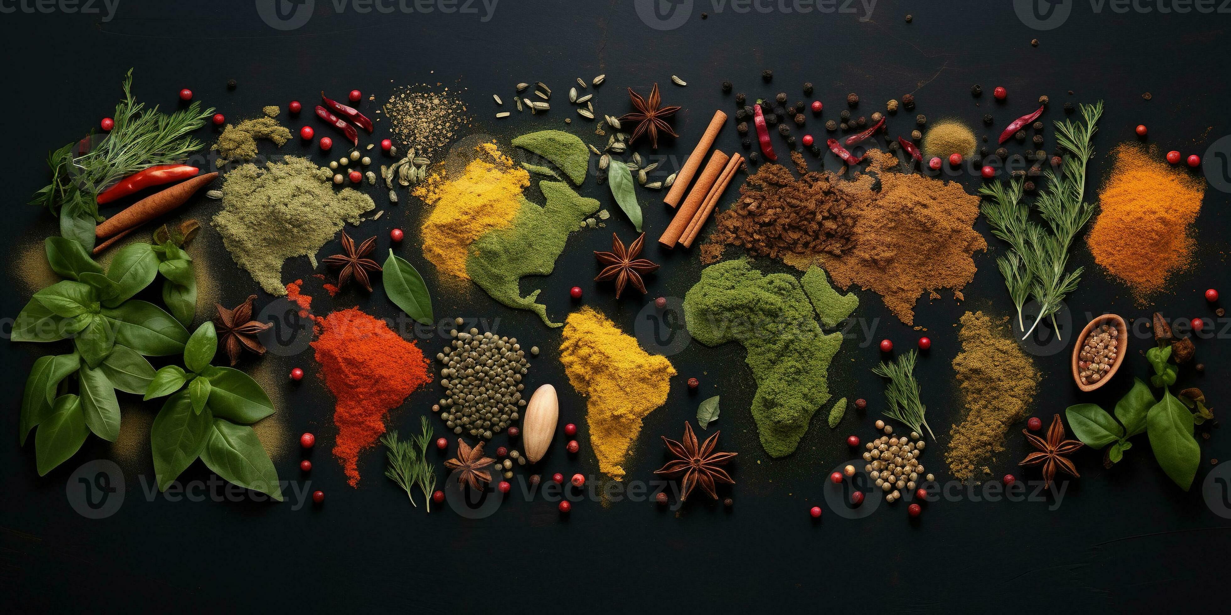 Spices and herbs around the world in the shape of a world map on a dark ...