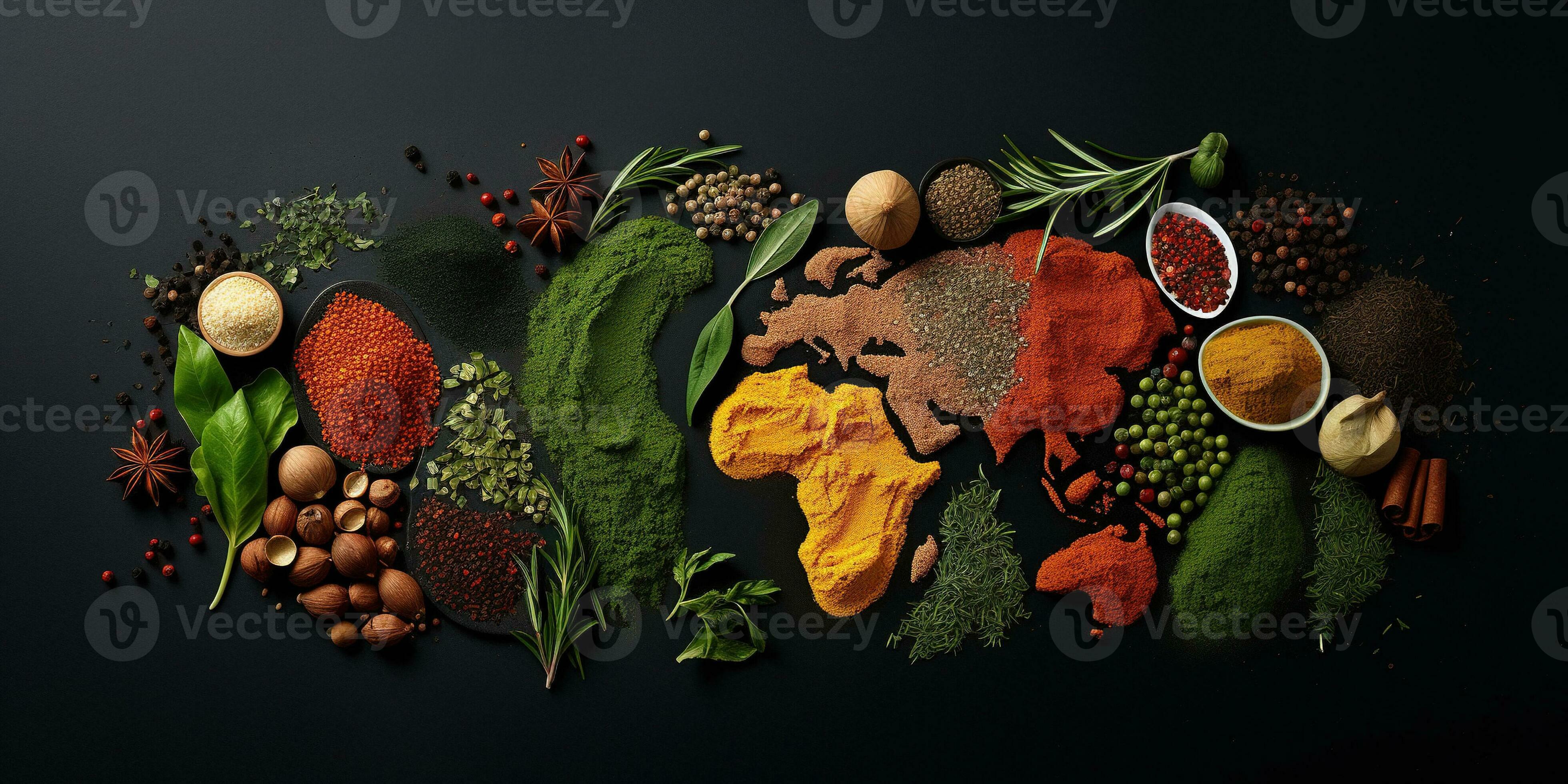 Spices and herbs around the world in the shape of a world map on a dark ...