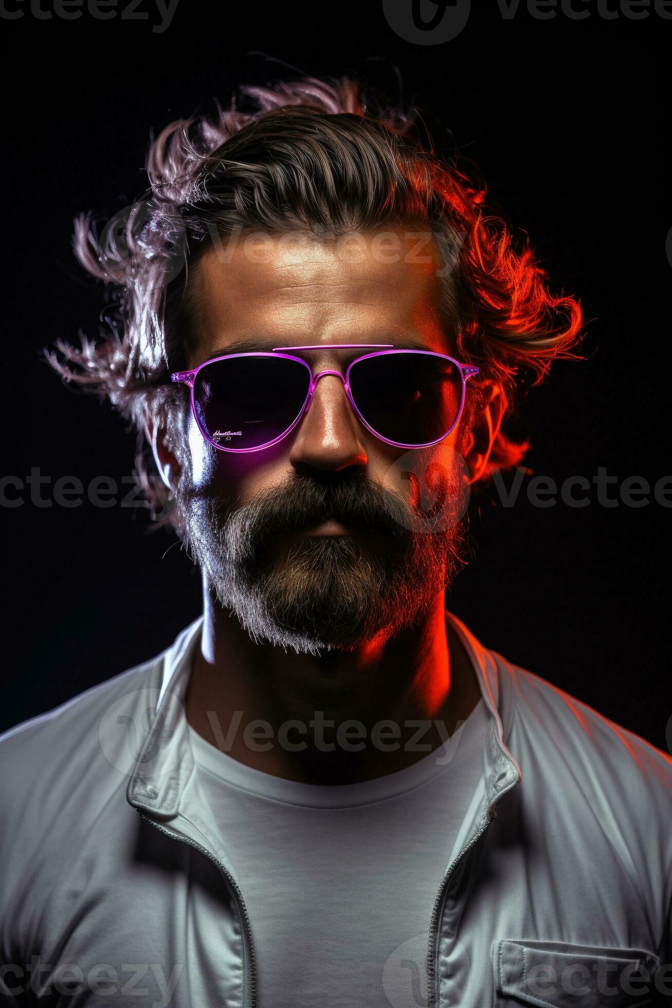 Neon light studio close-up portrait of serious man model with mustaches ...