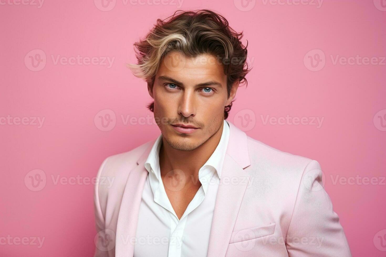 Portrait of fashion caucasian male model on pink background. AI ...
