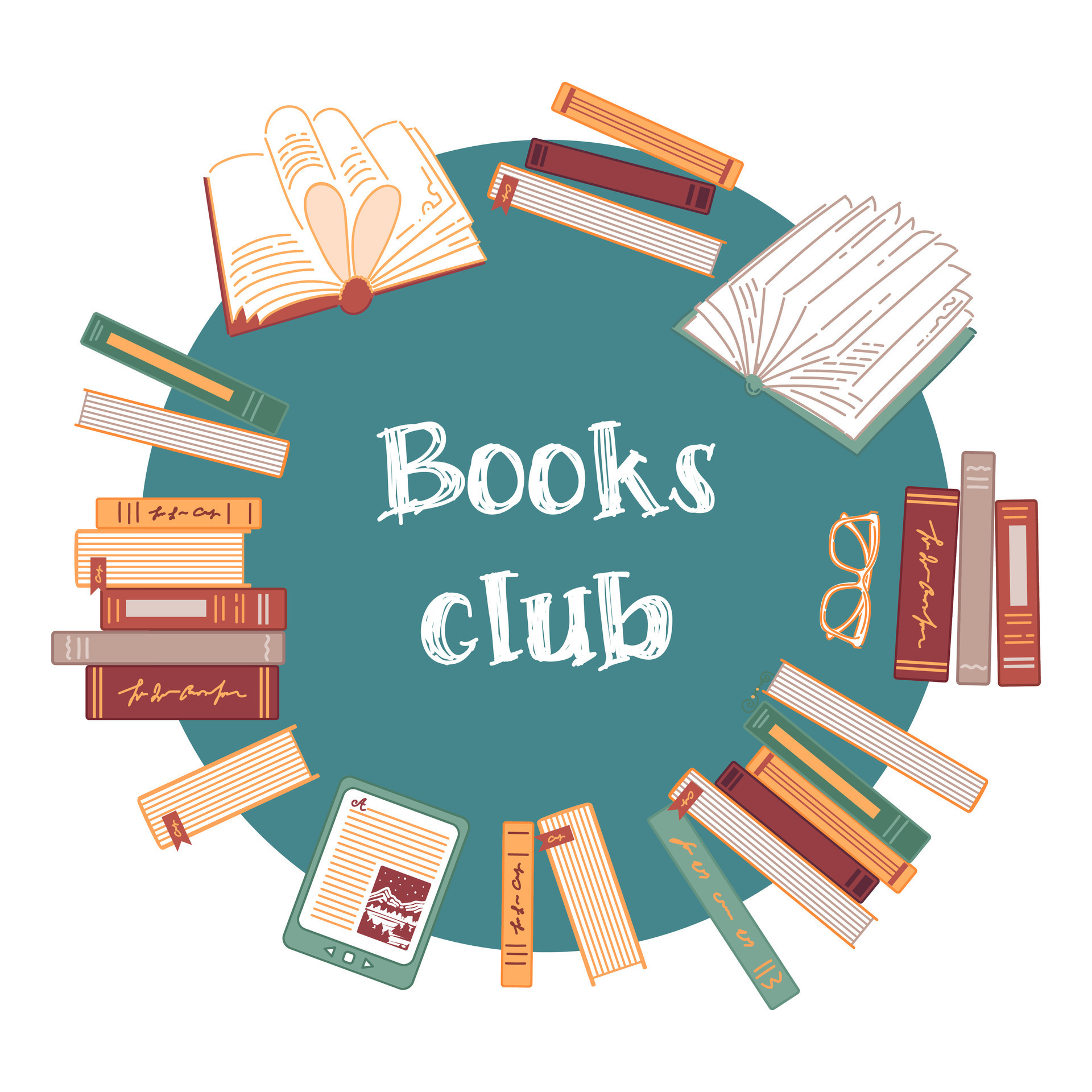 Book club. Round frame made of books. Stacks of textbooks, e-book, glasses. Concept for lovers ...