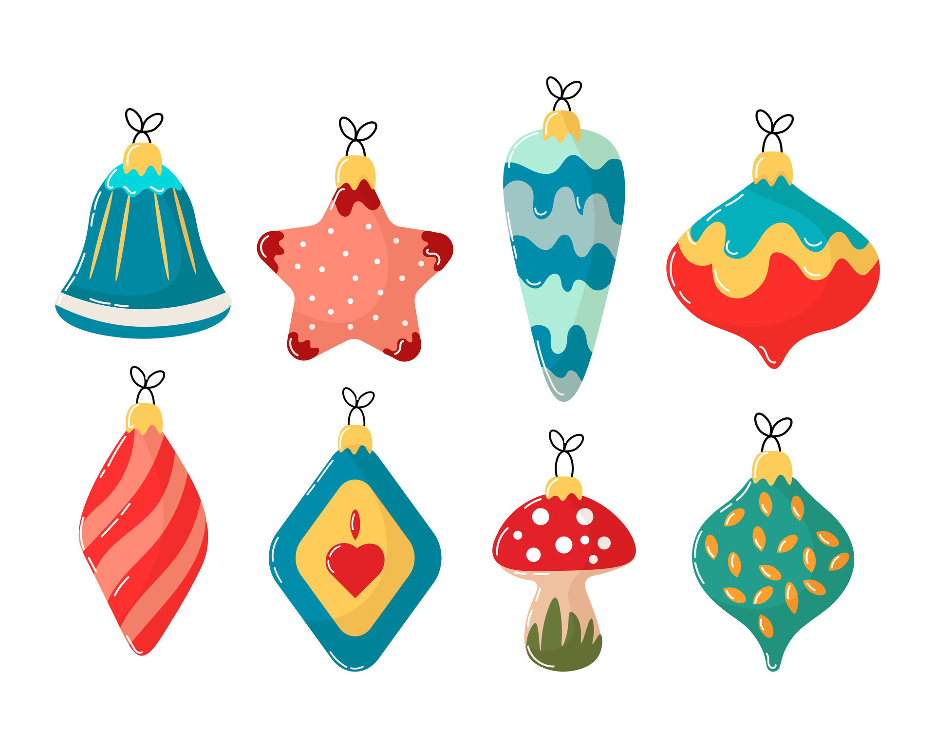Set of Christmas tree toys. Christmas decorations in retro style. Icons ...