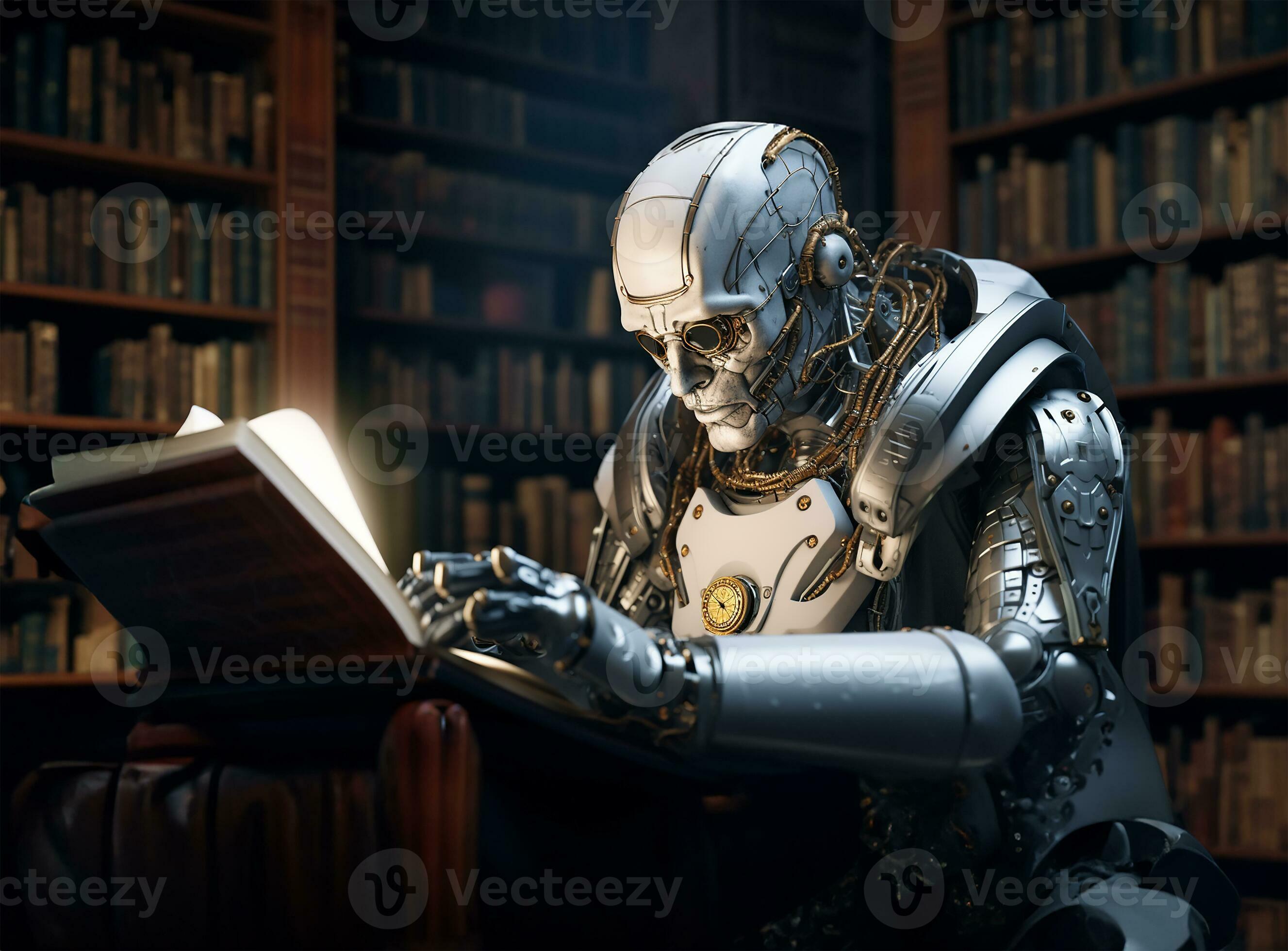 AI robot reading a book in a library. AI Generated 28091739 Stock Photo ...