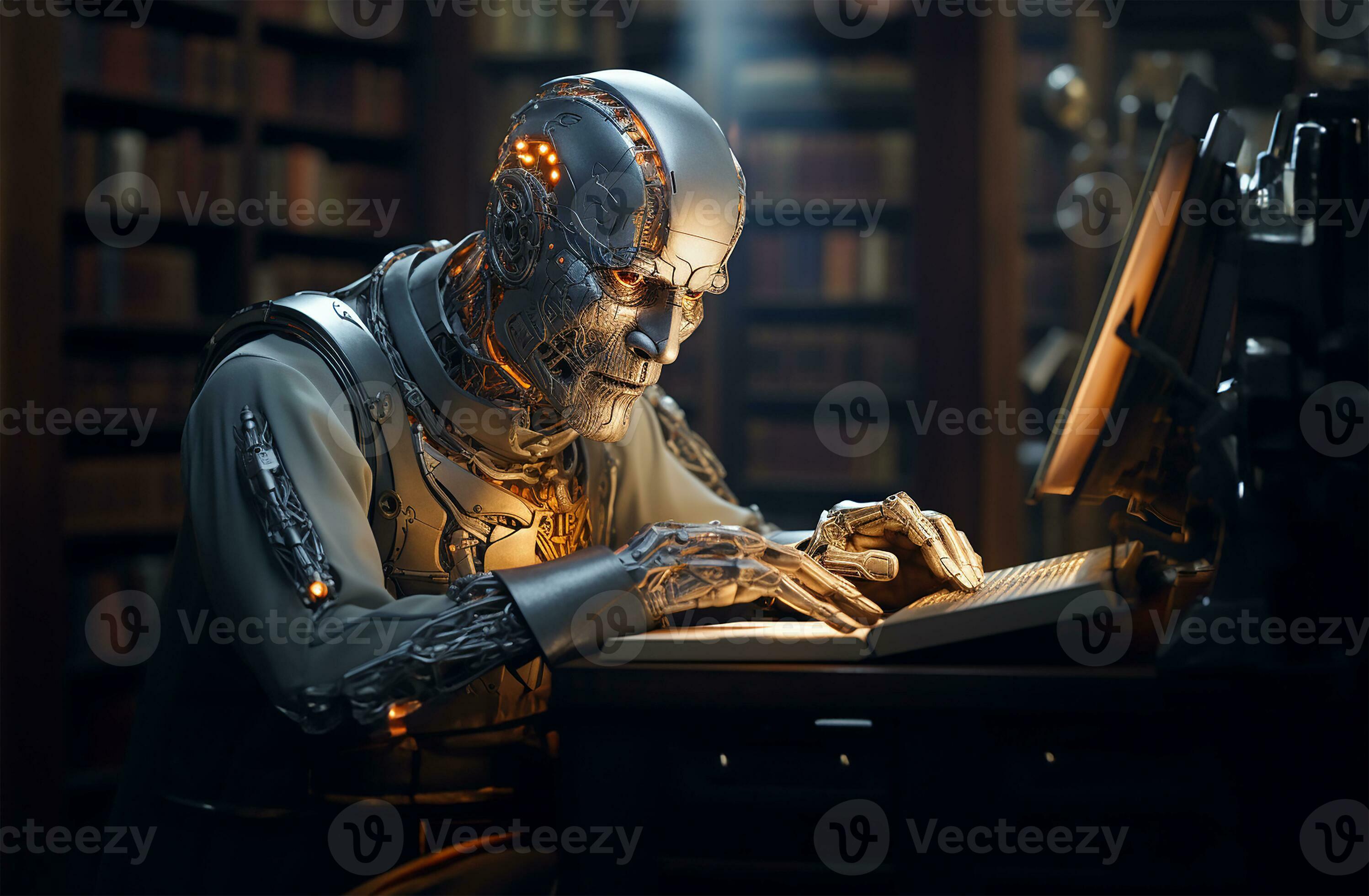 AI robot reading a book in a library. AI Generated 28091758 Stock Photo ...