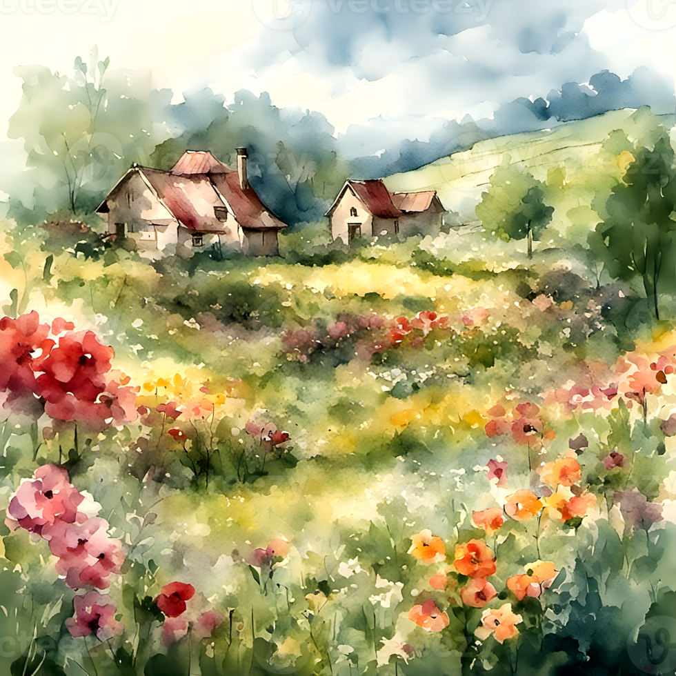 Rustic Watercolor Idyllic Country Scene AI Generative 28098685 PNG Rustic Watercolor Idyllic Country Scene AI Generative 28098685 PNG