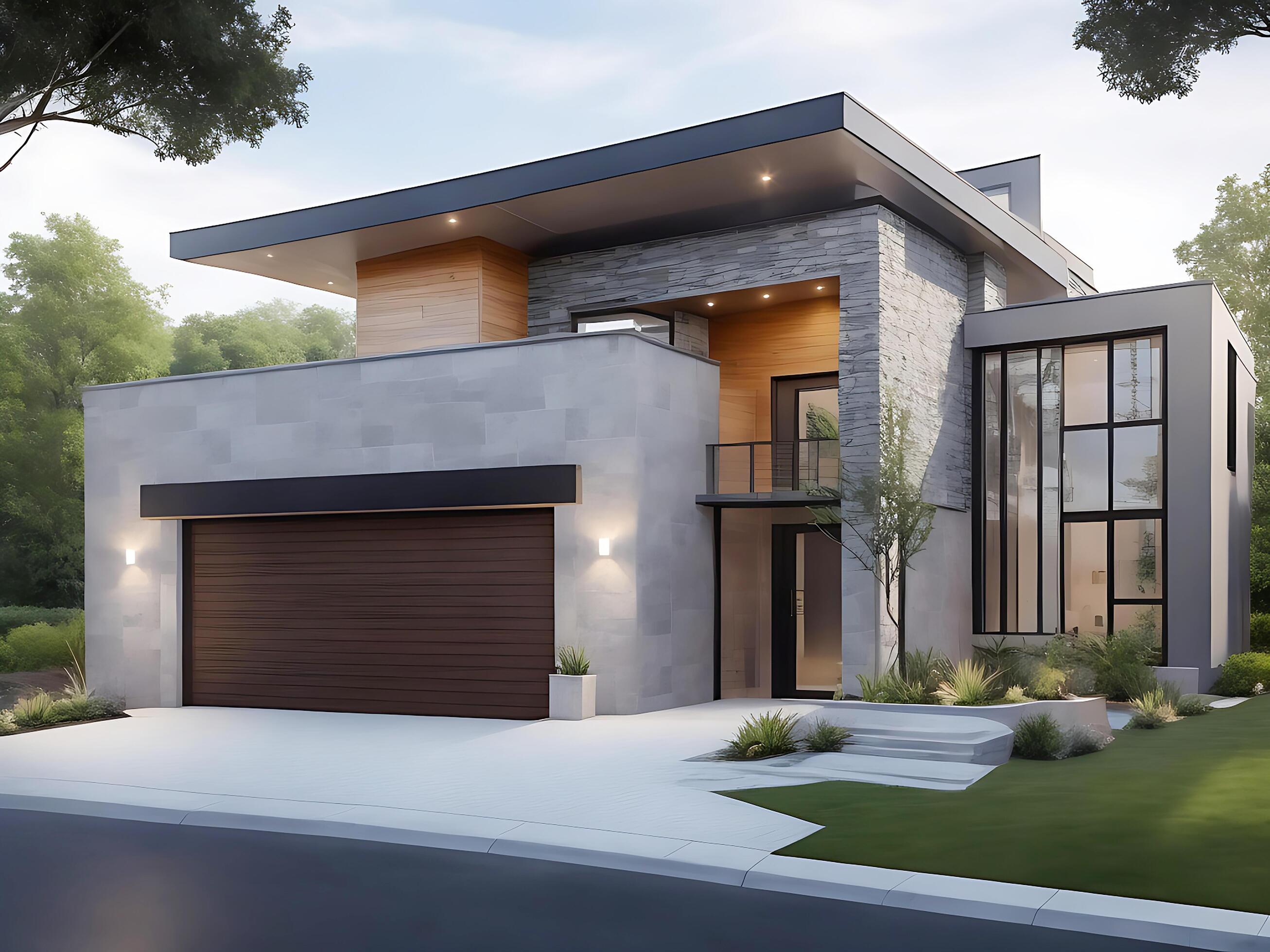 Modern Design Deluxe Home with Double Garage and Natural Stone Embellishments, ai generated ...