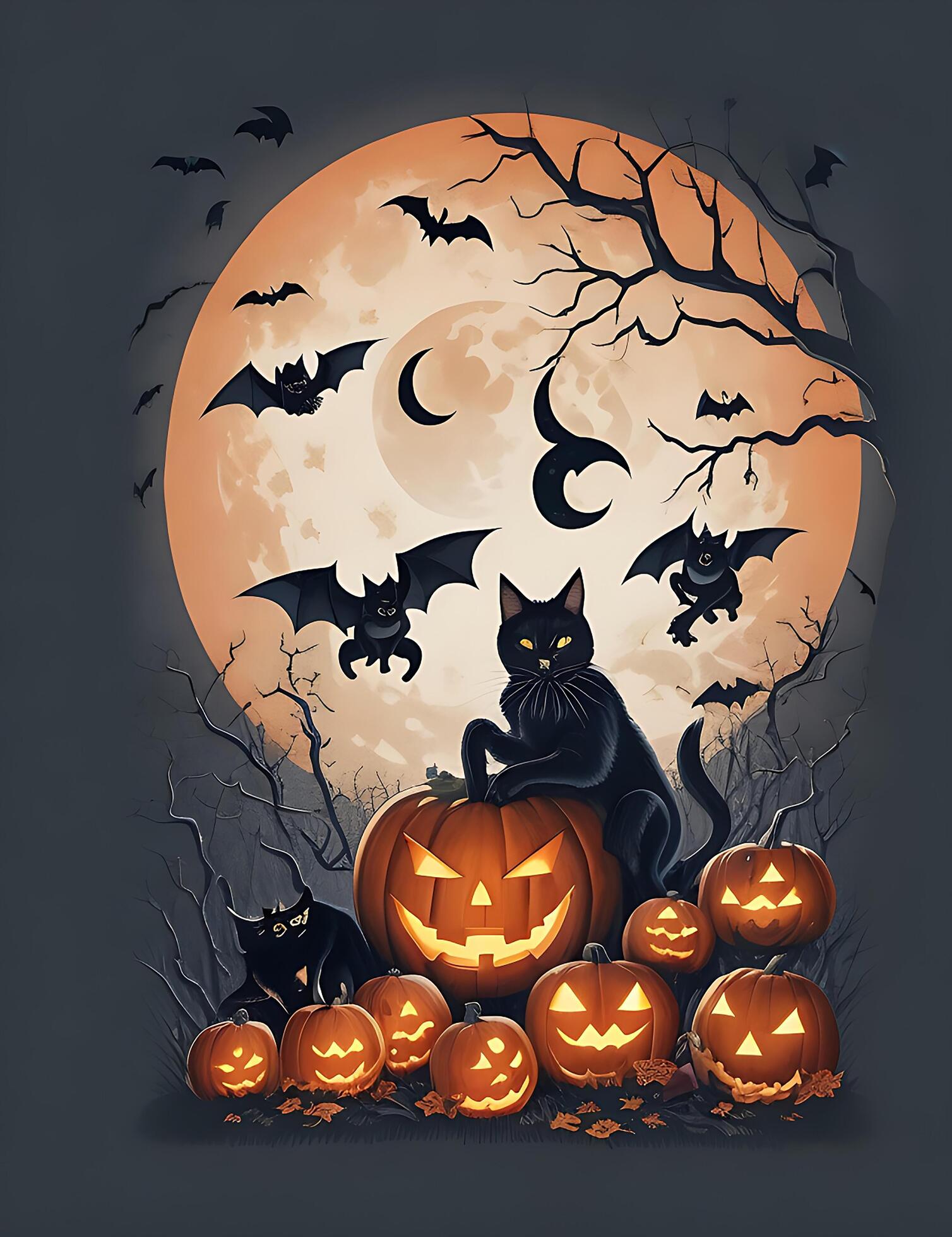 t-shirt design halloween scene with black cats, spiders and pumpkin ...