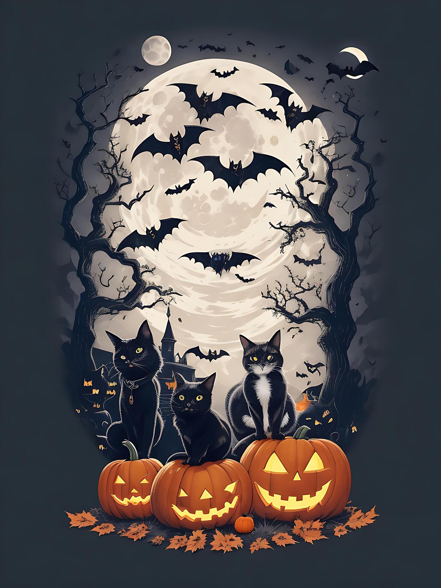 t-shirt design halloween scene with black cats, spiders and pumpkin ...