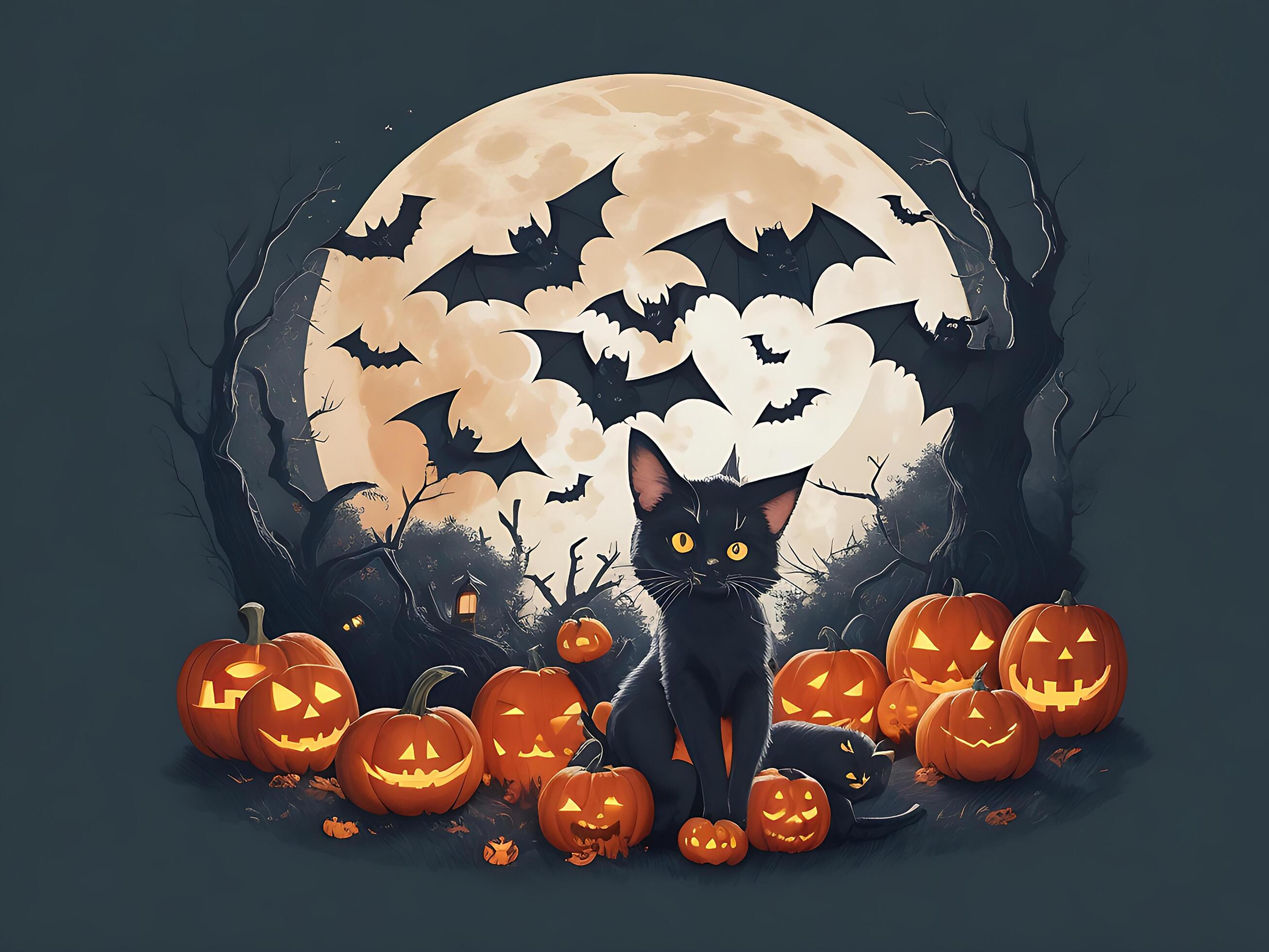t-shirt design halloween scene with black cats, spiders and pumpkin ...