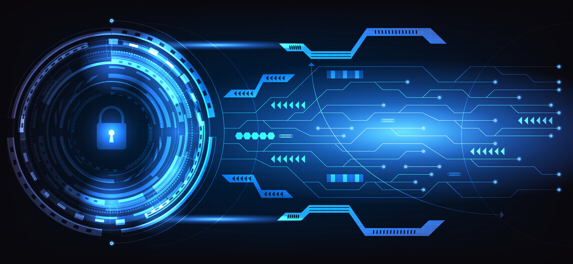 Abstract Technology Padlock Hi Tech Futuristic Cyber Security Key And Electronic Circuit Dark