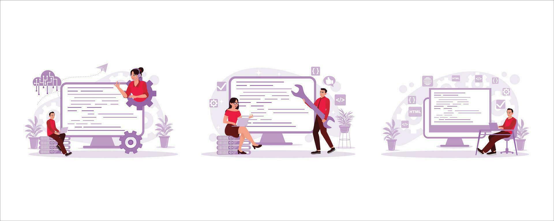 Website coding, programmer at work, man breaking programming code. Software developer concept ...