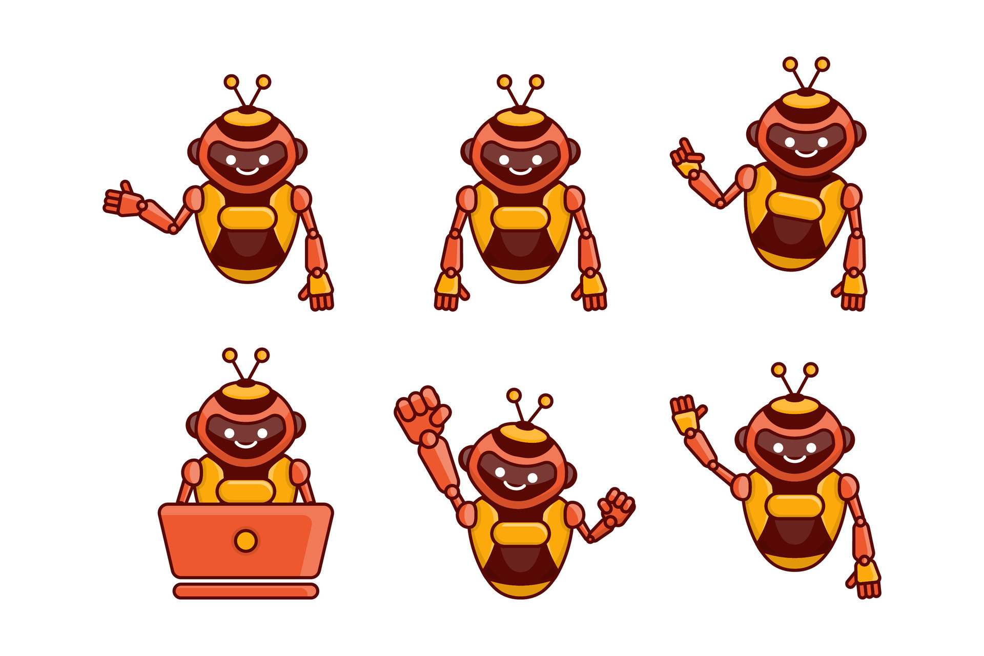 Robot mascot character vector illustration. Robot cartoon pose set ...