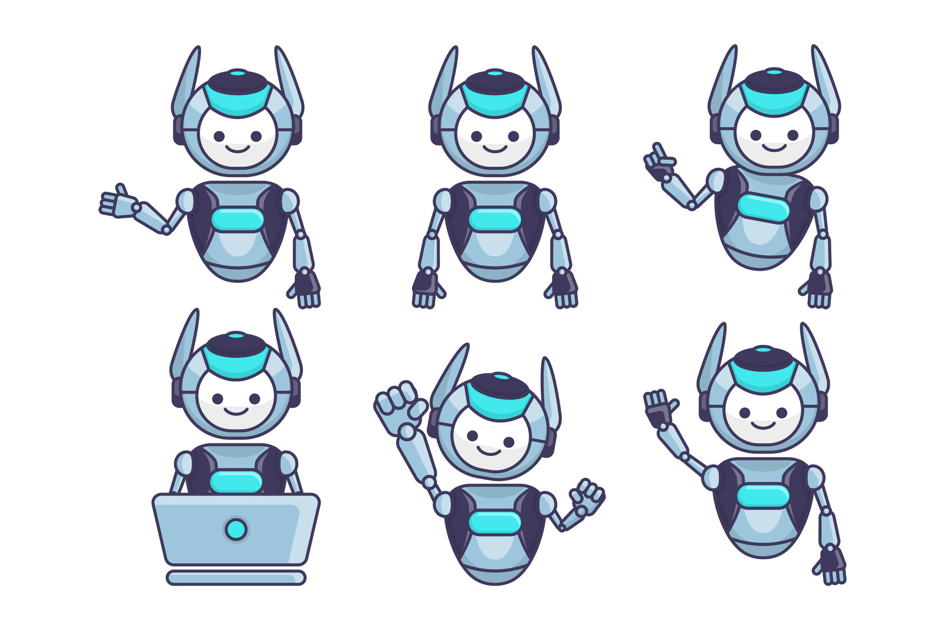 Robot mascot character vector illustration. Robot cartoon pose set ...