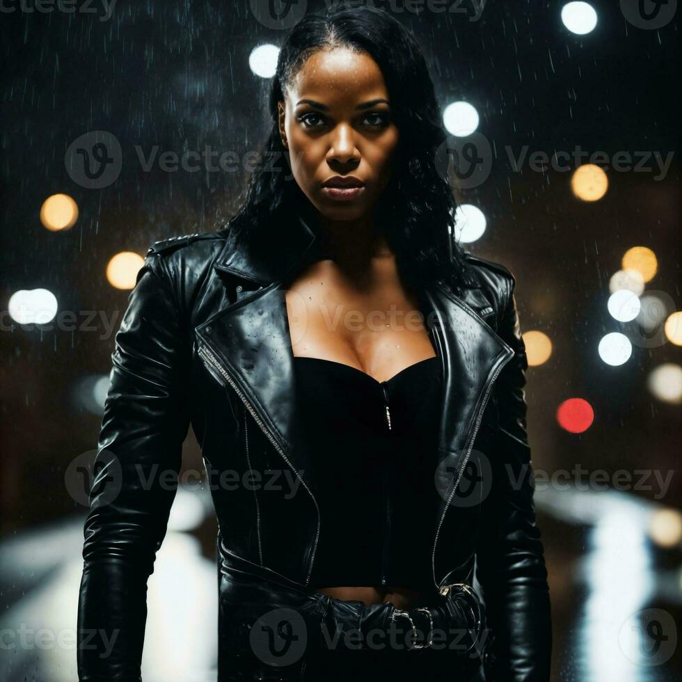 Photo Of Strong African Woman With Black Leather Suit In Heavy Rain Night Generative Ai