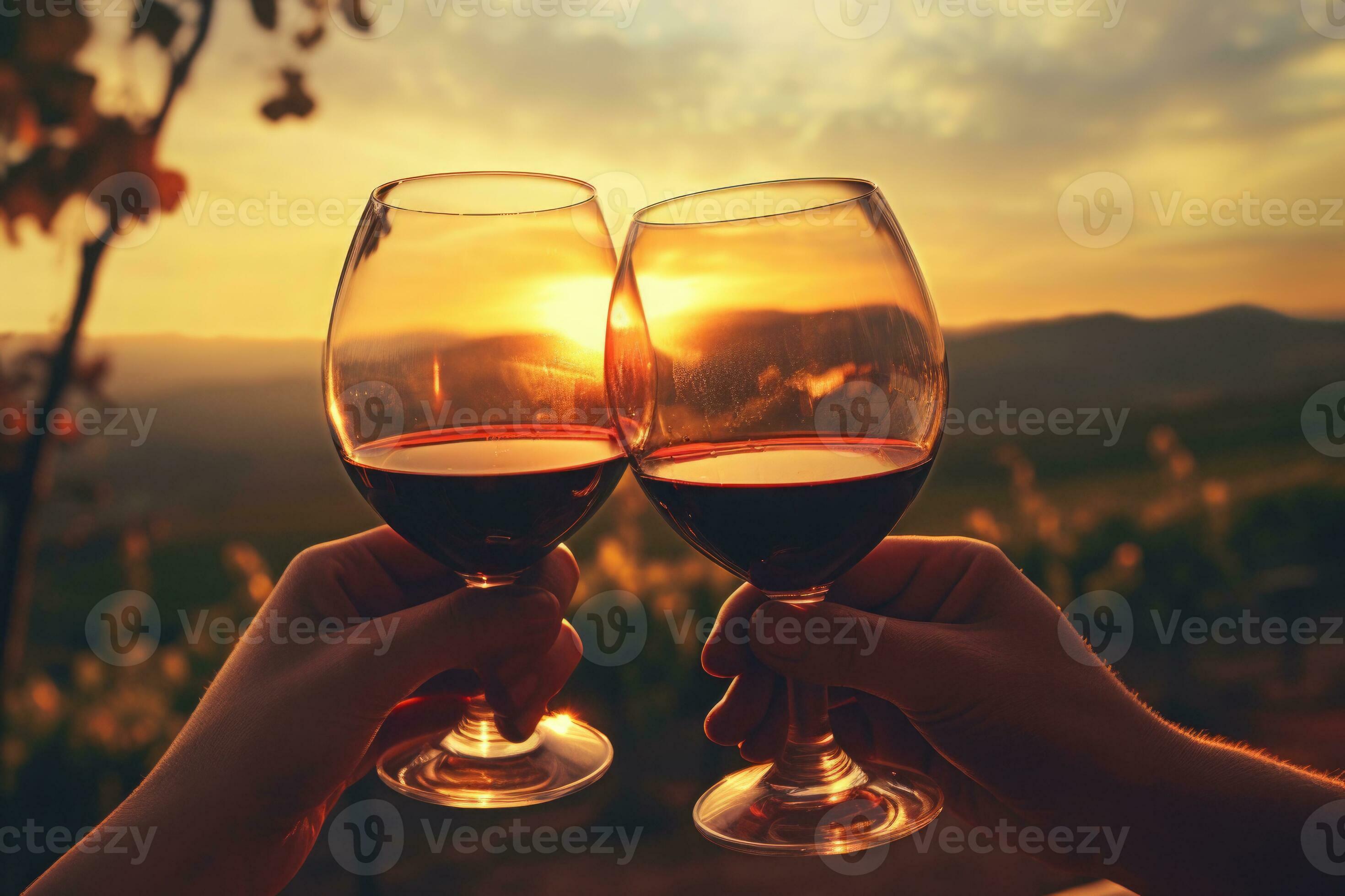 Two people drink wine at sunset, hold wine glasses in hands . Generative AI 28123675 Stock Photo ...