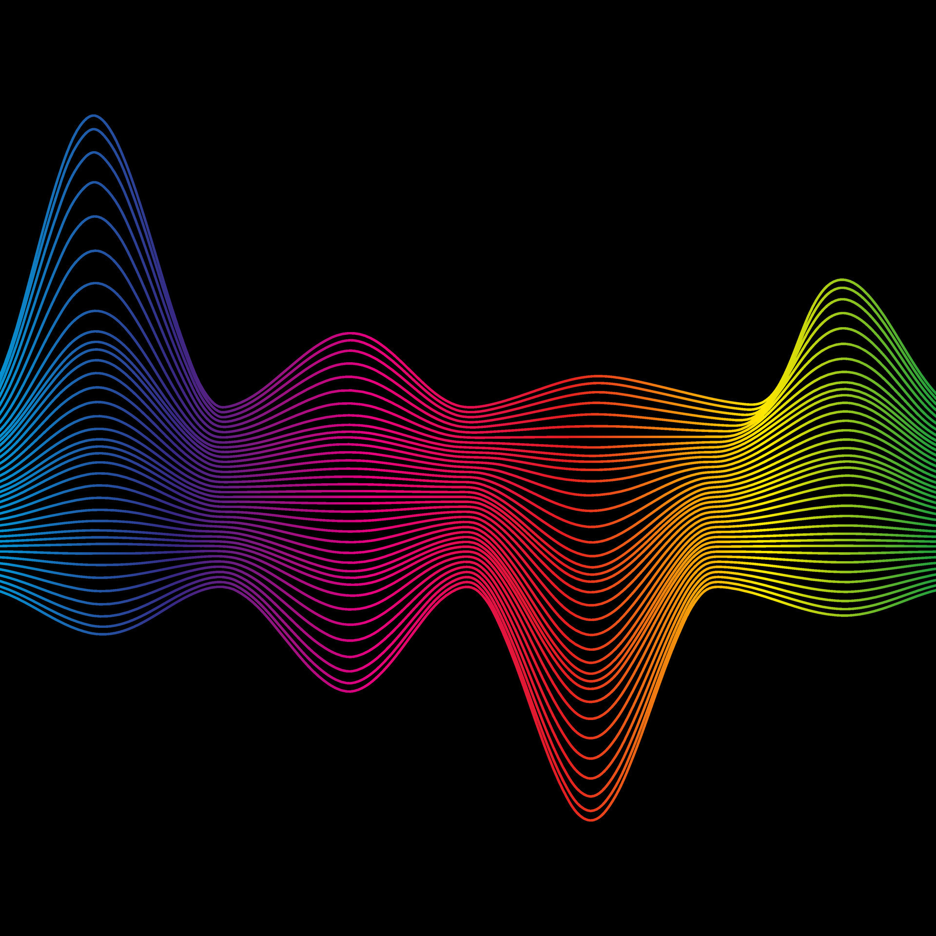 Sound wave rainbow wavy line gradients. Radio frequency. Abstract geometric shape on a black ...