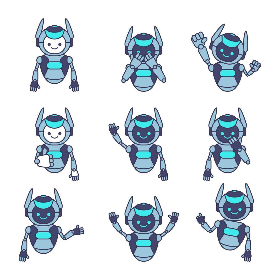 Robot Character Pose Vector Illustration Robot Cartoon Gesture Set Illustration Design 28134348