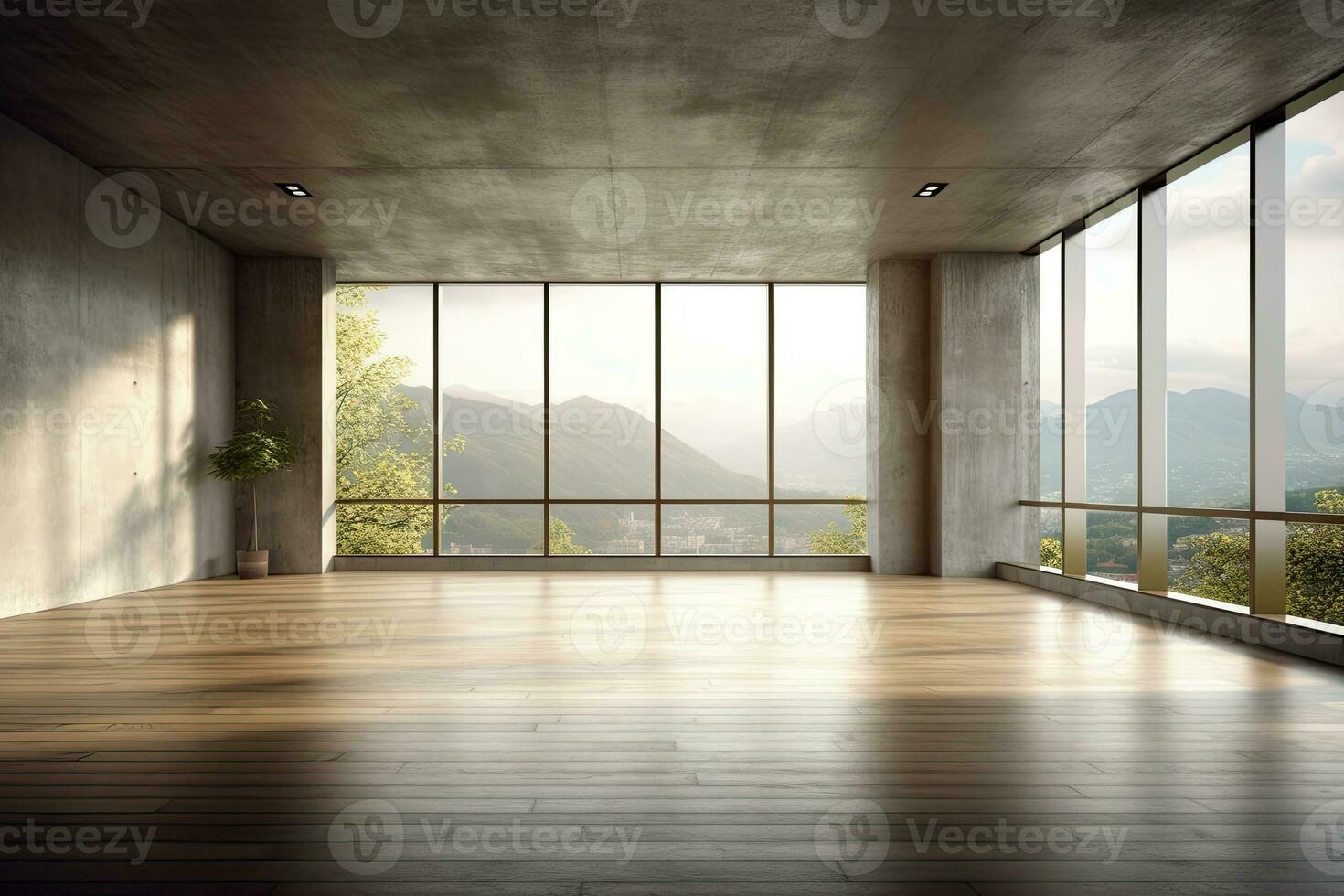 Empty room with panoramic window and mountain view. Generative AI ...