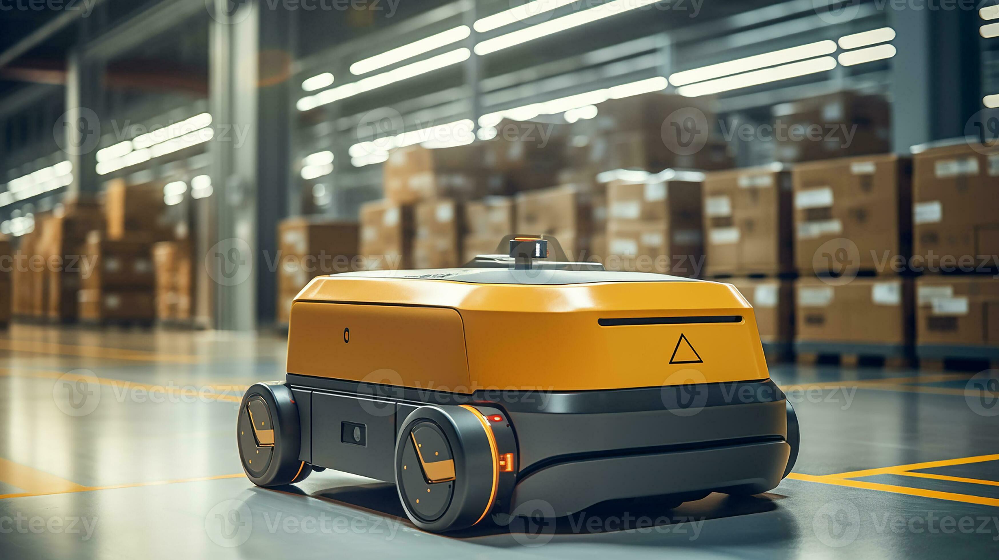 AGV Automated Guided Vehicle in warehouse logistic and transport. Empty space body vehicle for ...