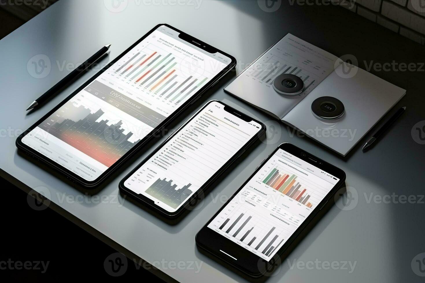 Smartphone and Tablet pc with financial charts and graphs on office ...
