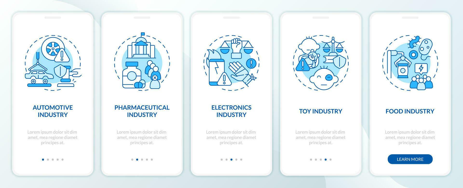 2D icons representing product liability mobile app screen set. Walkthrough 5 steps blue graphic ...